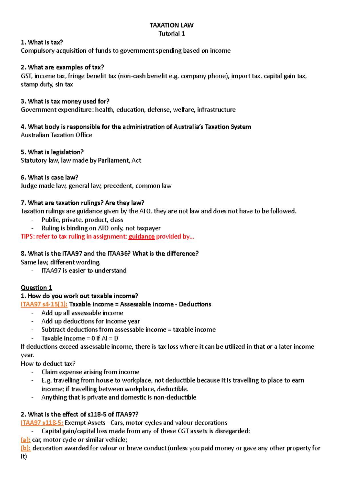 TAX - Tutorial 1 - TAXATION LAW Tutorial 1 What is tax? Compulsory ...