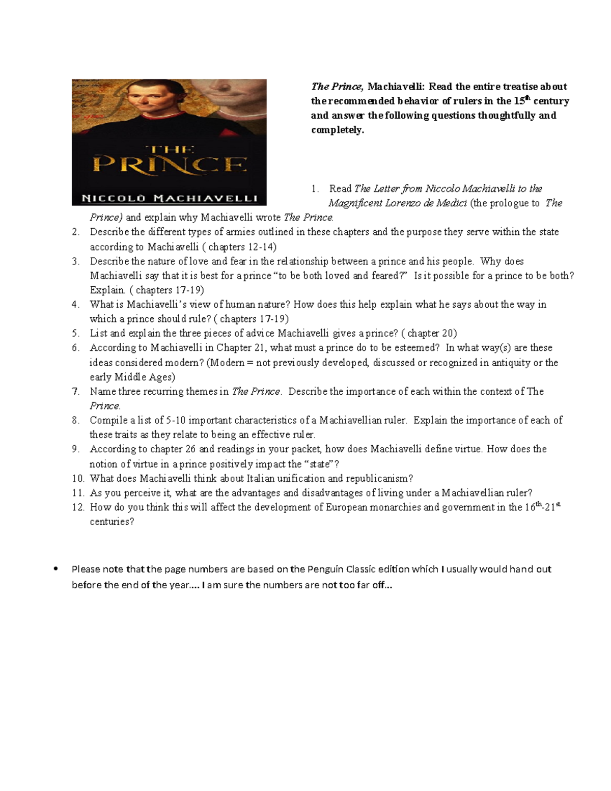 The Prince Readings- Questions - The Prince, Machiavelli: Read the ...