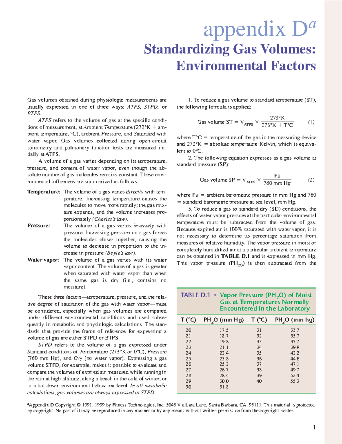 Appendix D - 1 appendix D a Gas volumes obtained during physiologic measurements are usually ...