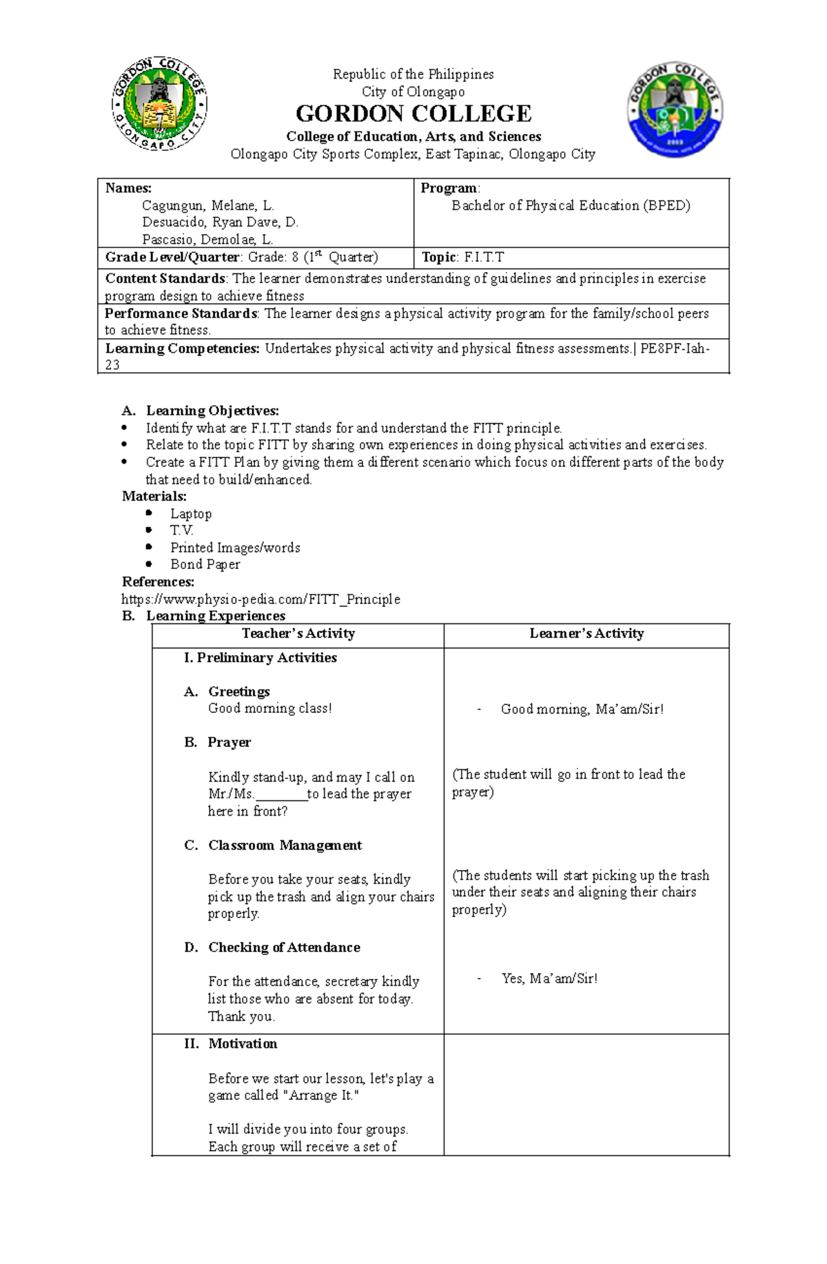GRP-7-DLP-FITT - N/A - City of Olongapo GORDON COLLEGE College of ...