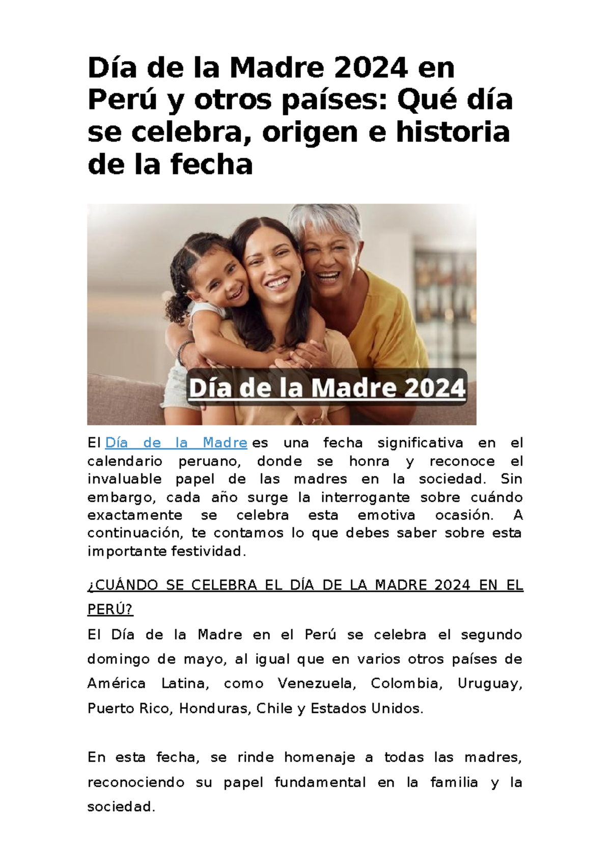 Fechas Civicas - bueno - Día de la Madre 2024 en Perú y otros países ...