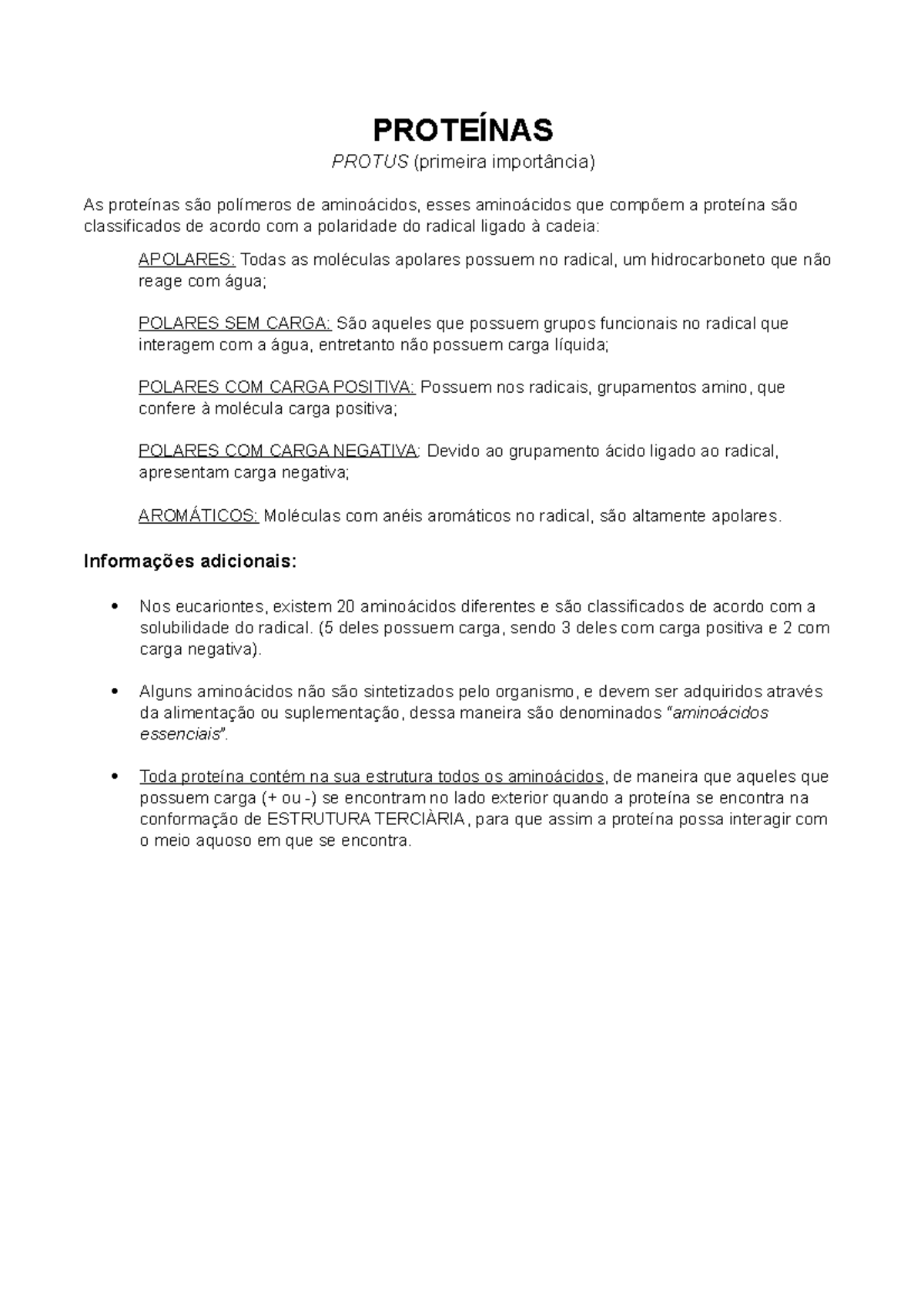 Proteínas - Resumo embasado em anotações de aula que definem e abrangem ...