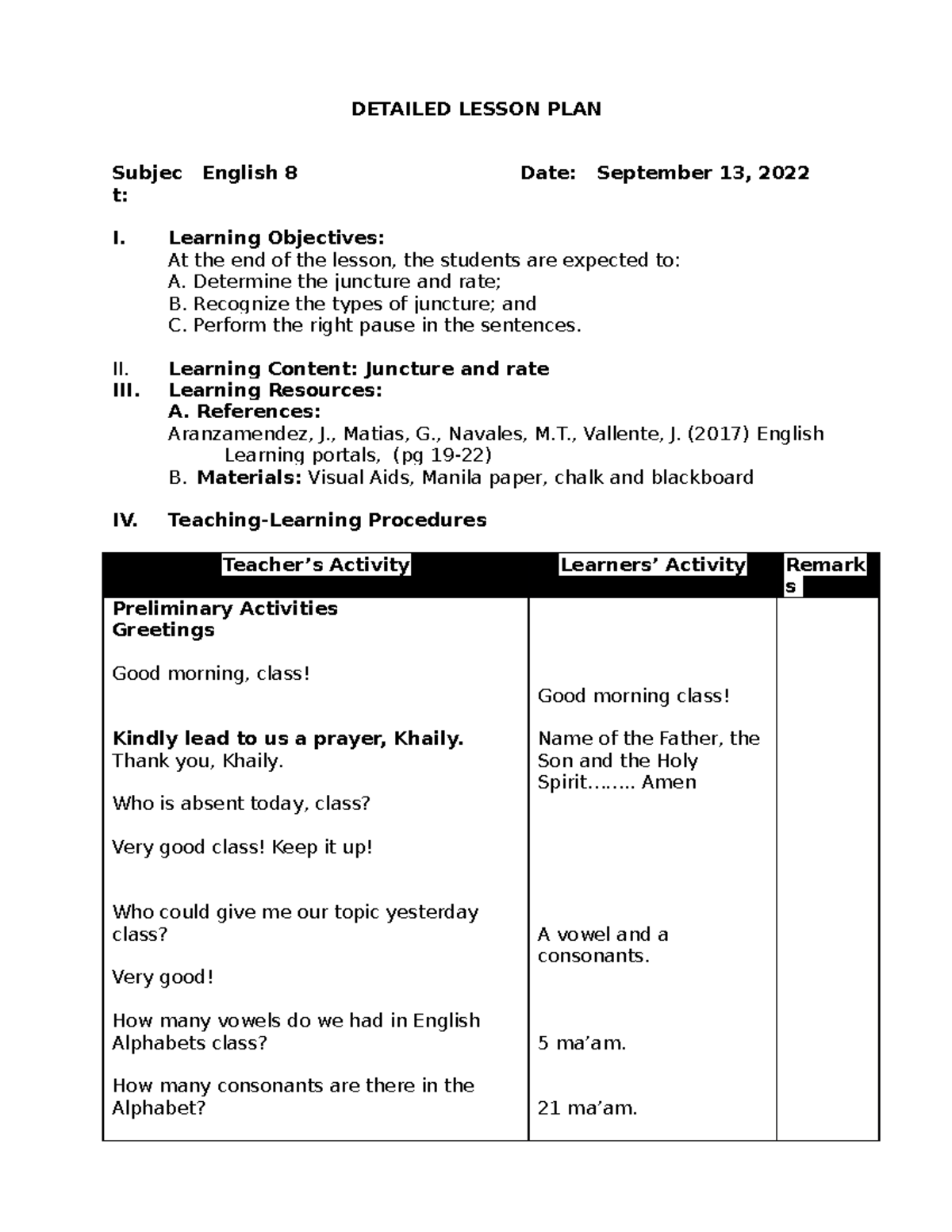 Juncture AND RATE Detiled Lesson PLAN - DETAILED LESSON PLAN Subjec t ...