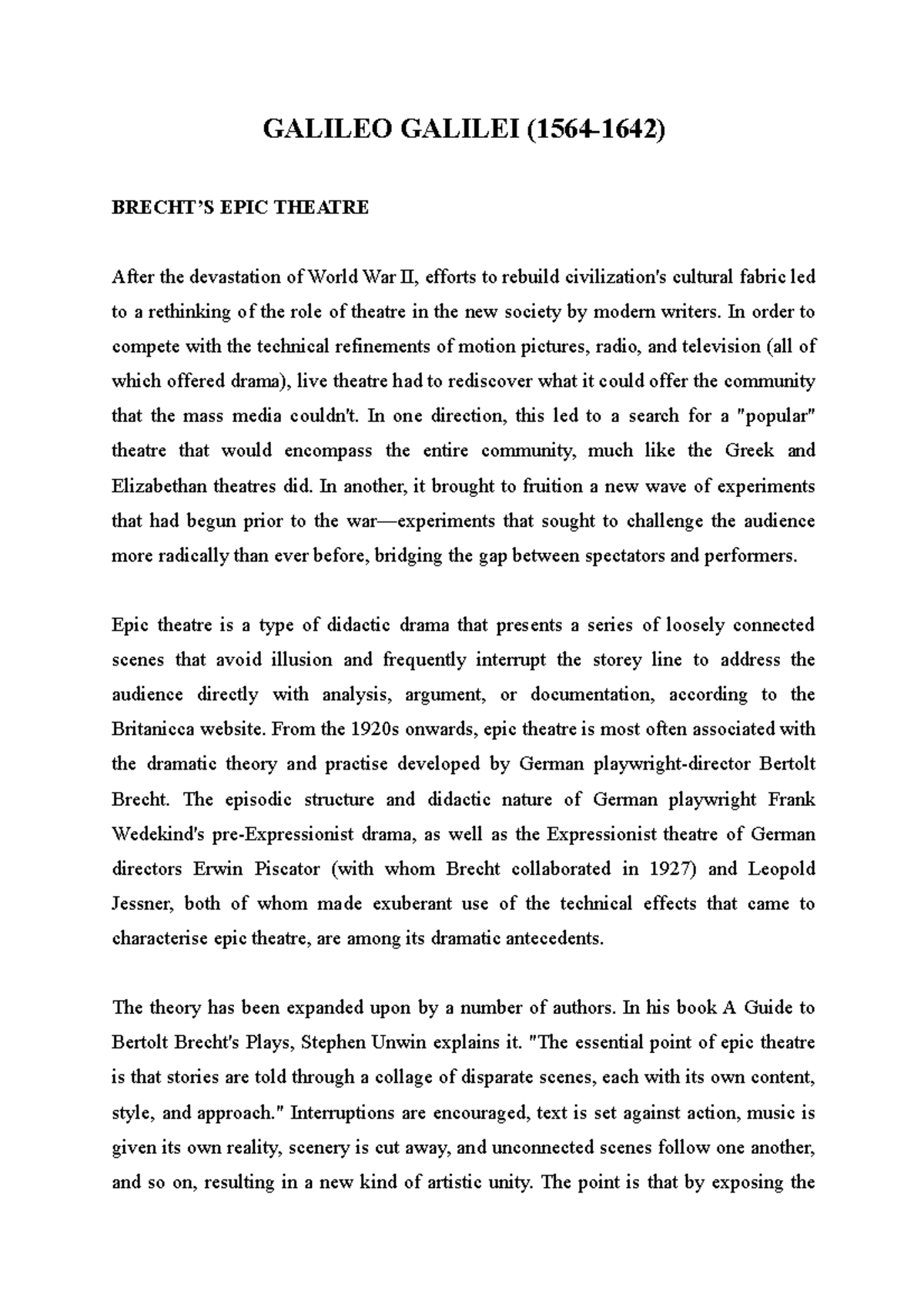 Galileo Galilei (1564-1642) - GALILEO GALILEI (1564-1642) BRECHT’S EPIC ...