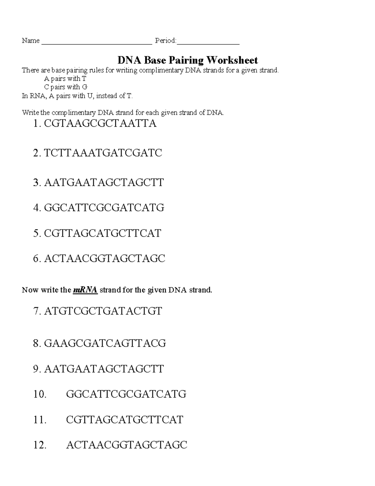 9 Base Pairing Worksheet - Name ______________________________ Period ...
