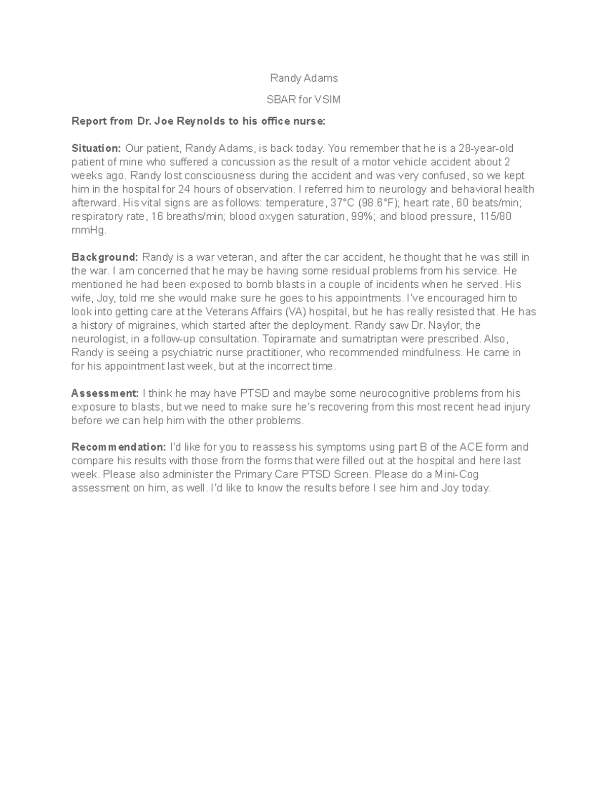 Randy Adams SBAR - Care plan information - Randy Adams SBAR for VSIM ...