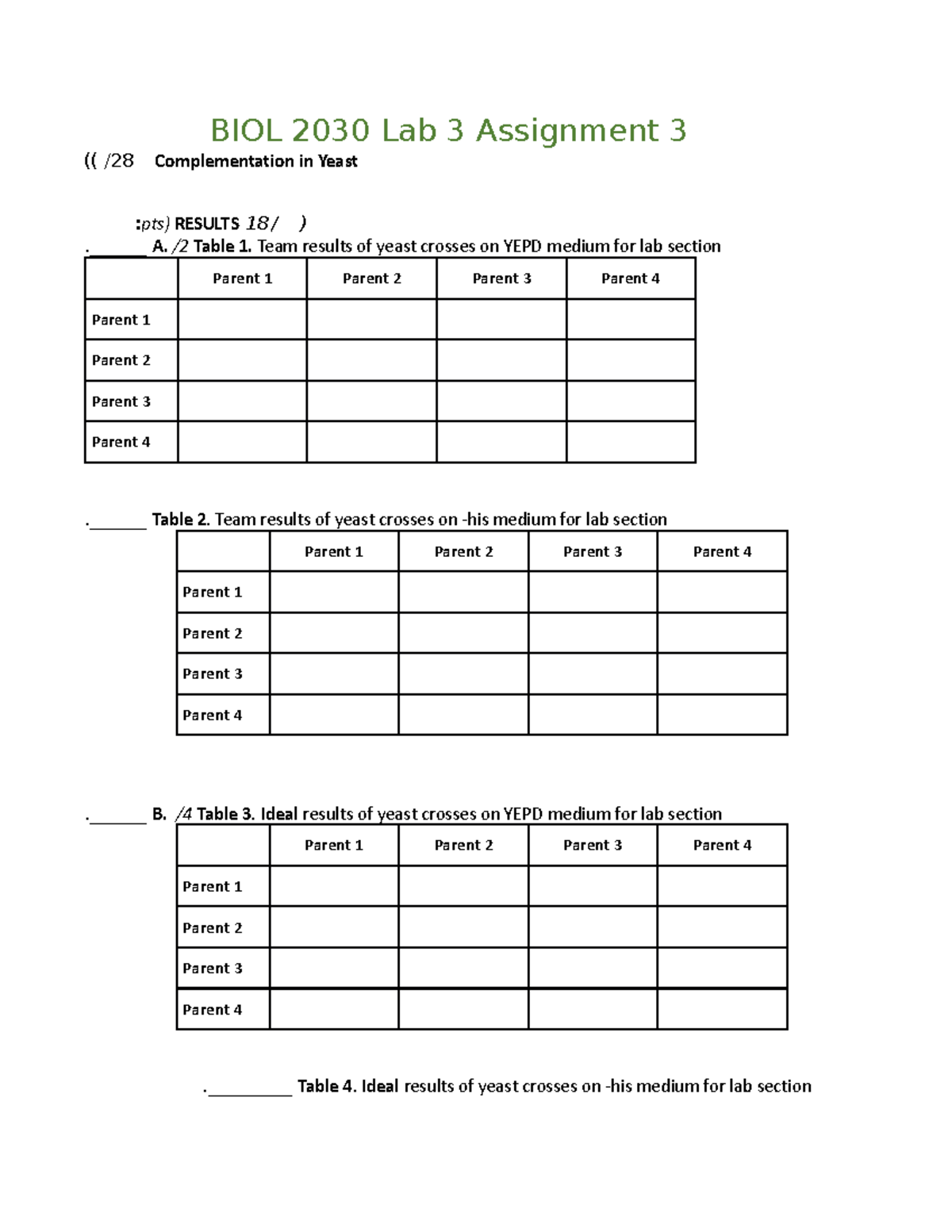 BIOL LAB 3 2030 - BIOL 2030 Lab 3 Assignment 3 (( /28 Complementation ...