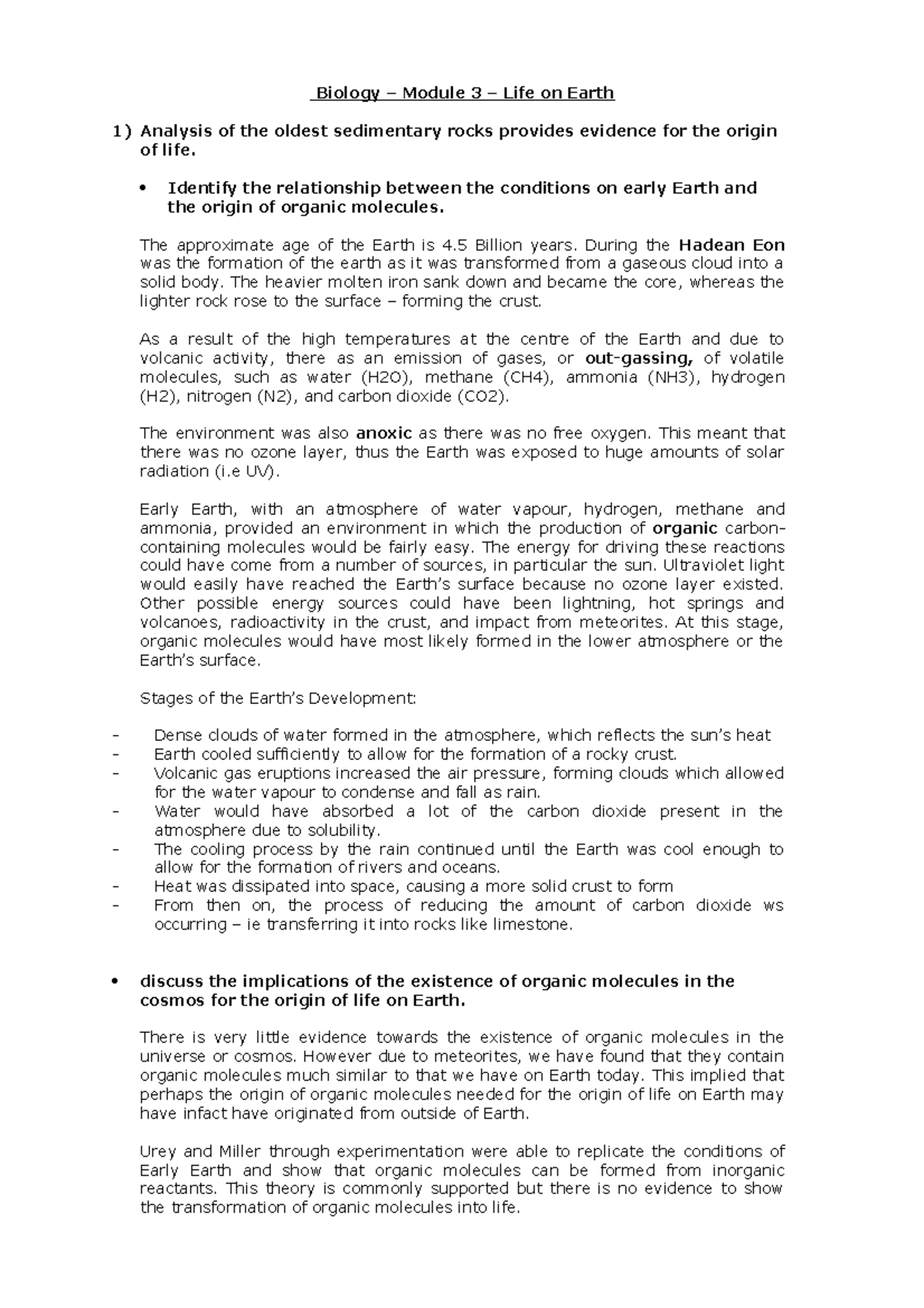 Life on earth - lecture notes - Biology – Module 3 – Life on Earth 1 ...