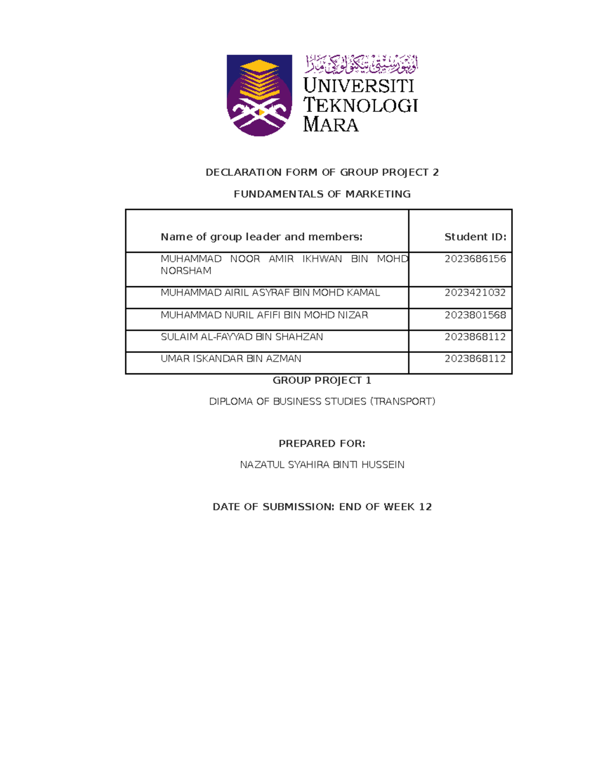 Declaration FORM OF Group Assignment - DECLARATION FORM OF GROUP ...