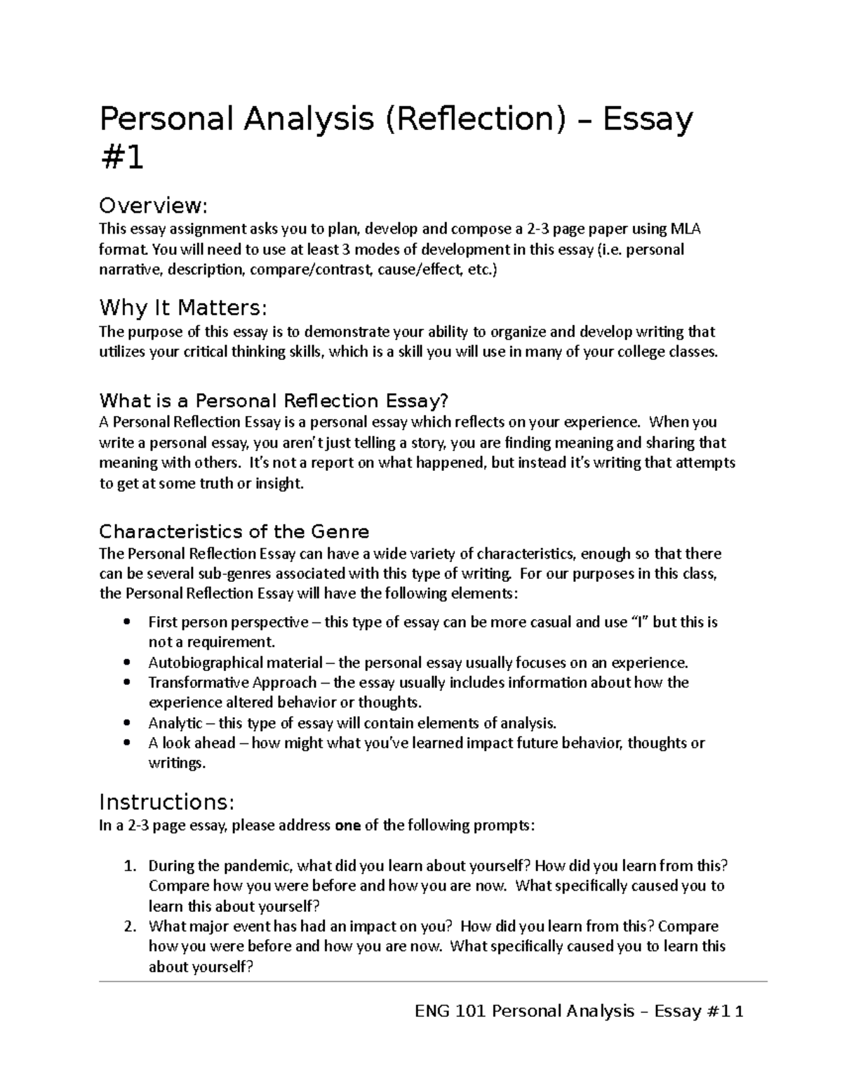 Essay 1 Personal Analysis Handout Personal Analysis Reflection