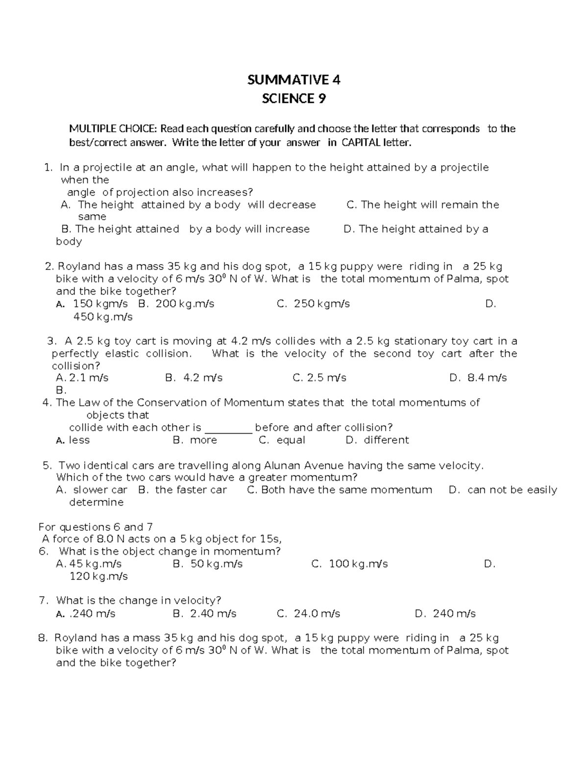 Summative 4 Science 9 - For academic purposes. - SUMMATIVE 4 SCIENCE 9 ...