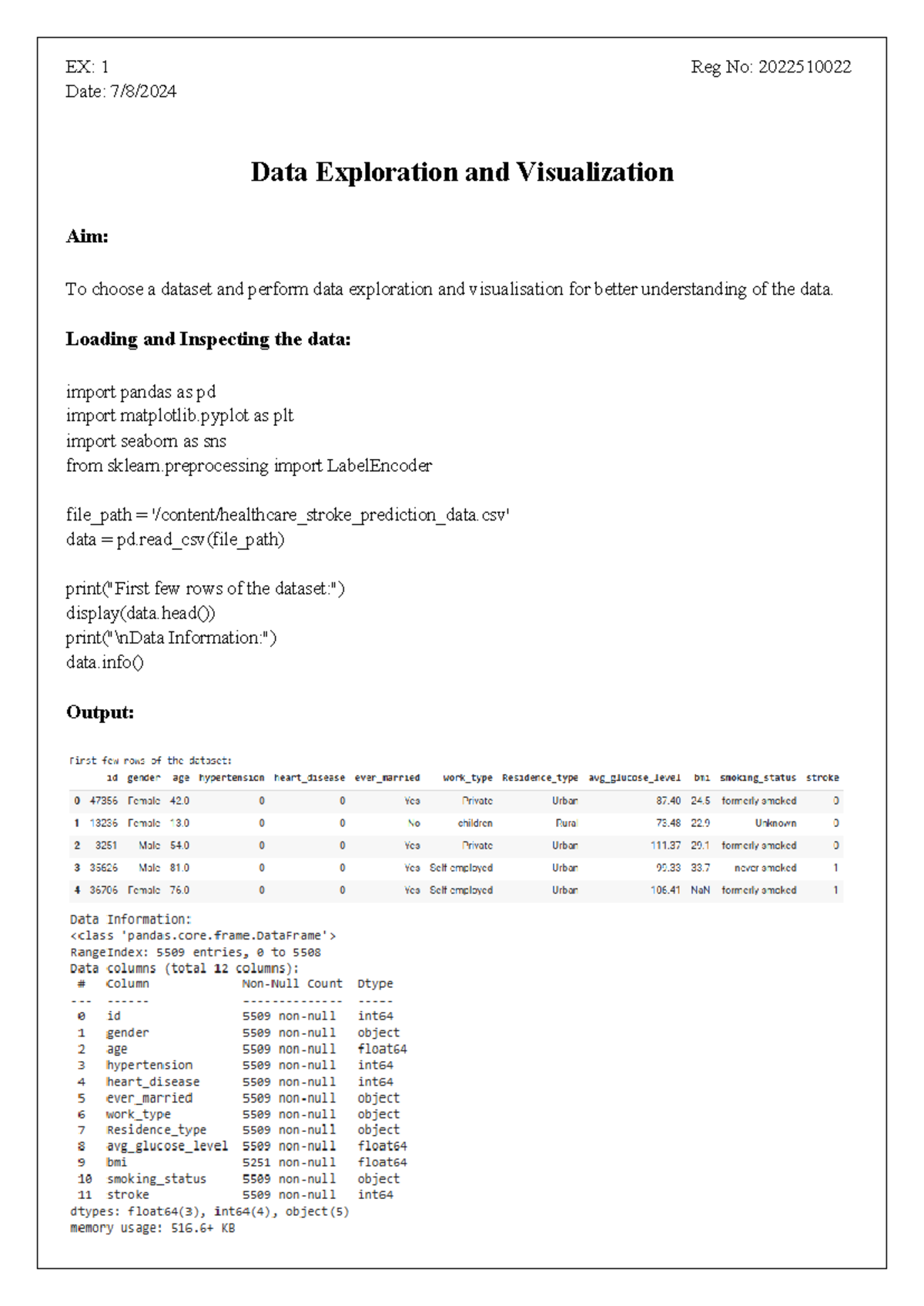 ML1 - record - EX: 1 Reg No: 2022510022 Date: 7/8/ Data Exploration and ...