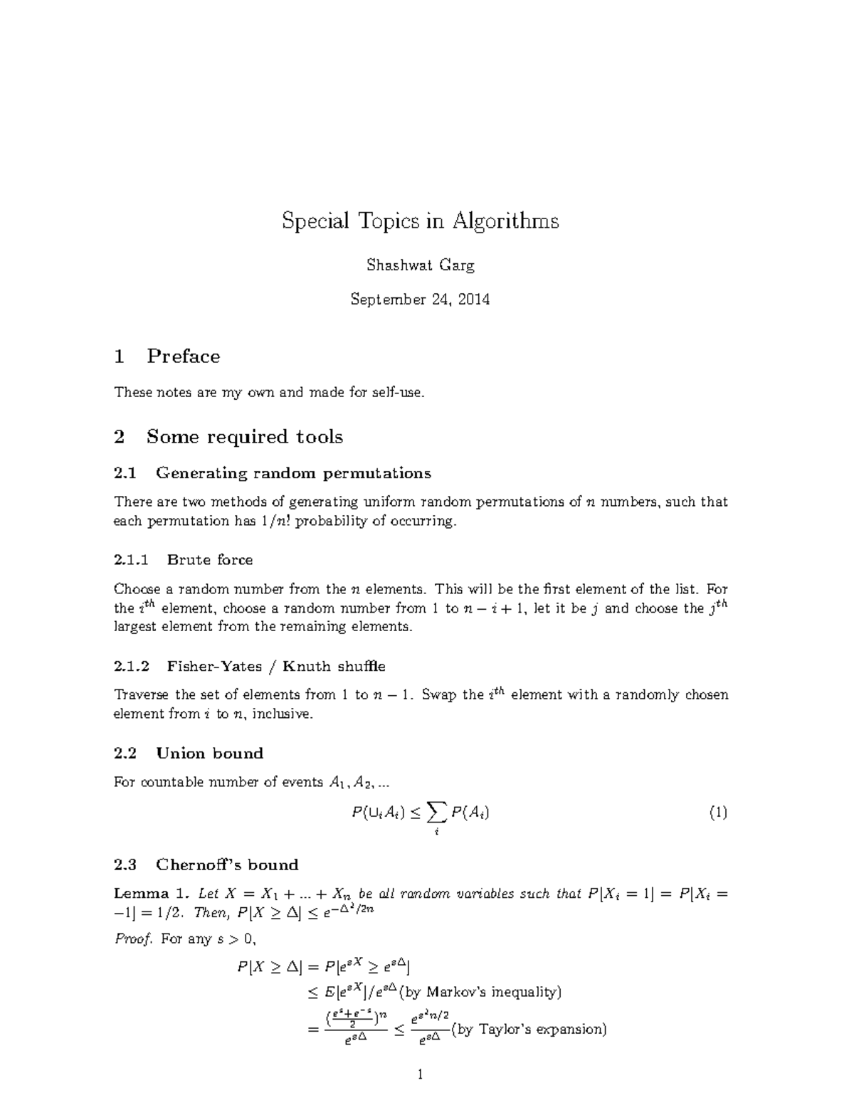 Special Topics In Algorithms Special Topics In Algorithms Shashwat