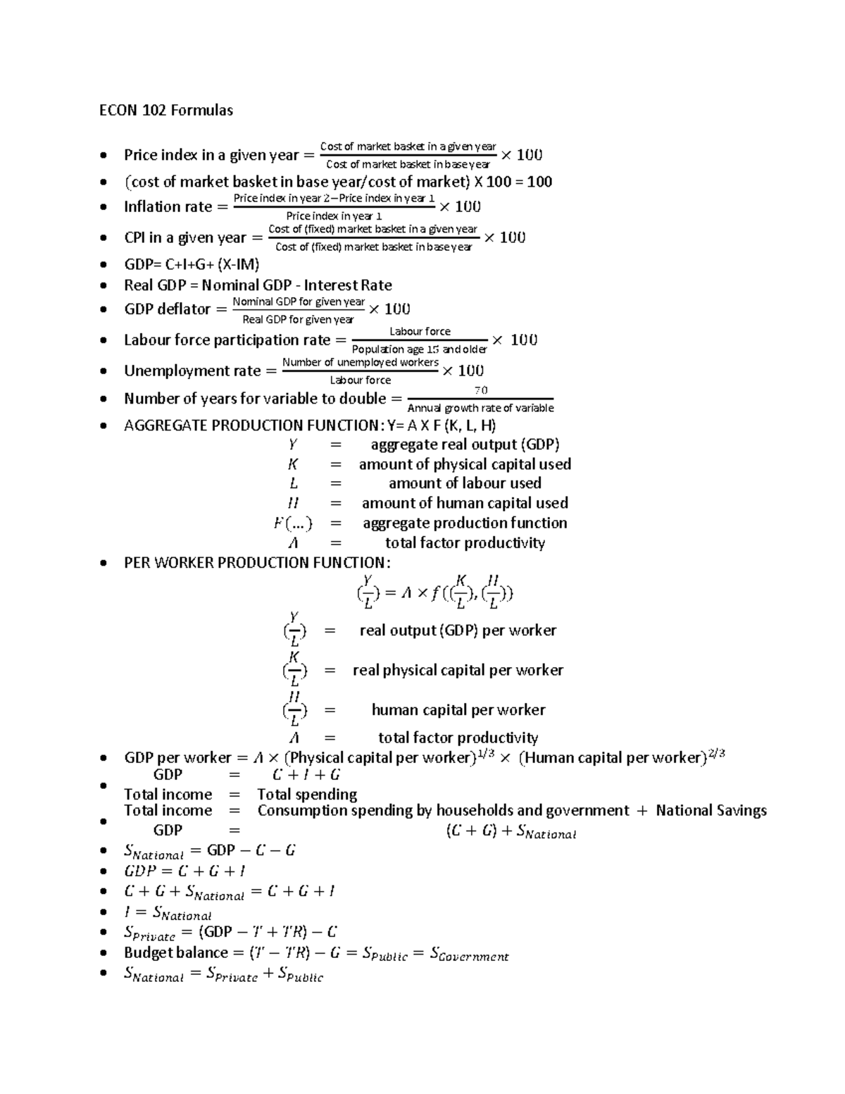 Econ formulas - ECON 102 Formulas • Price index in a given year = Cost ...