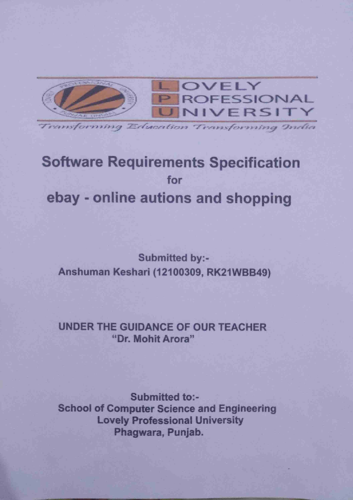 SRSdocumentanshuman - yngfcbjvk - Software Engineering - LPU - Studocu