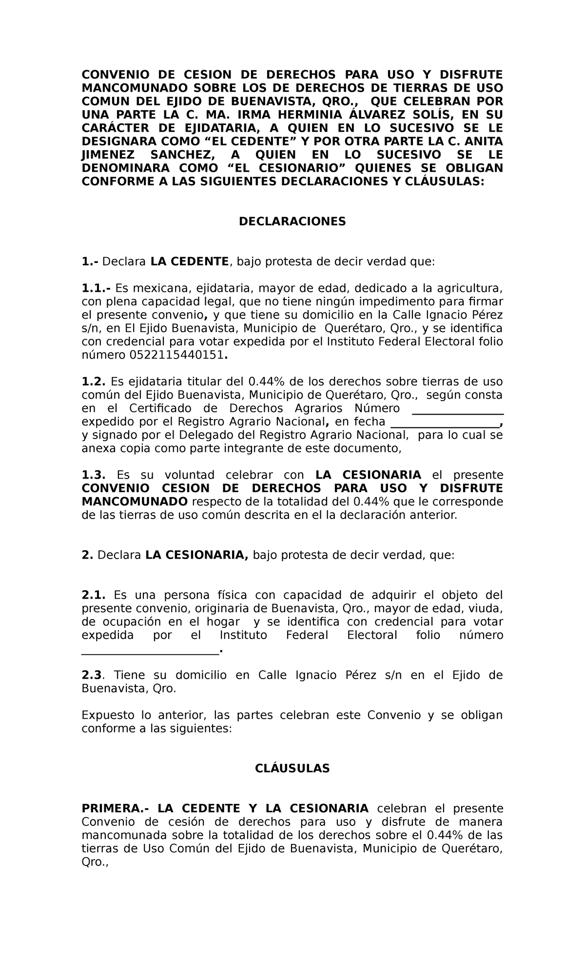 Convenio DE USO Y Disfrute Mancomunado DE Derechos DE Tierras DE USO ...