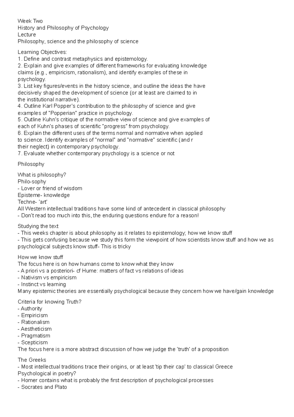 History- Week Two- Lecture- History - Week Two History and Philosophy ...