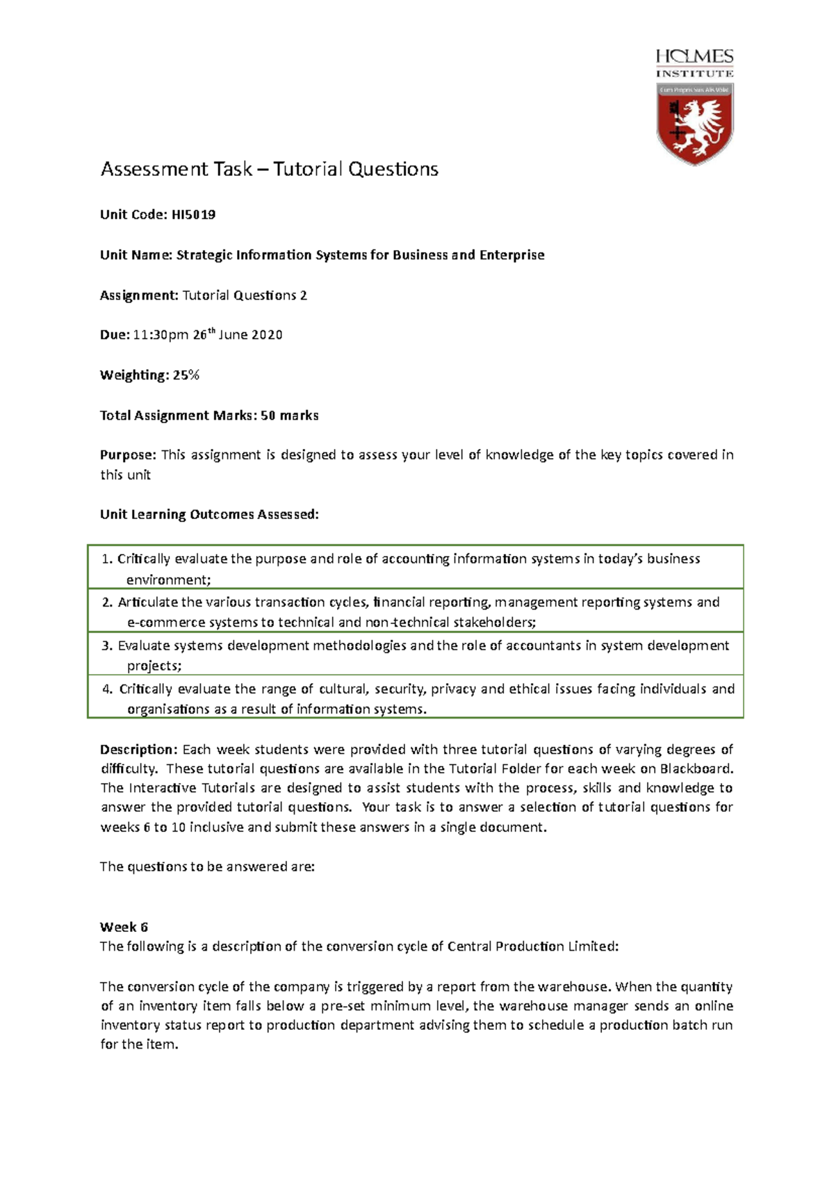 HI5019 Tutorial Question Assignment 2 sis copy - Assessment Task – Tutorial Questions Unit Code ...