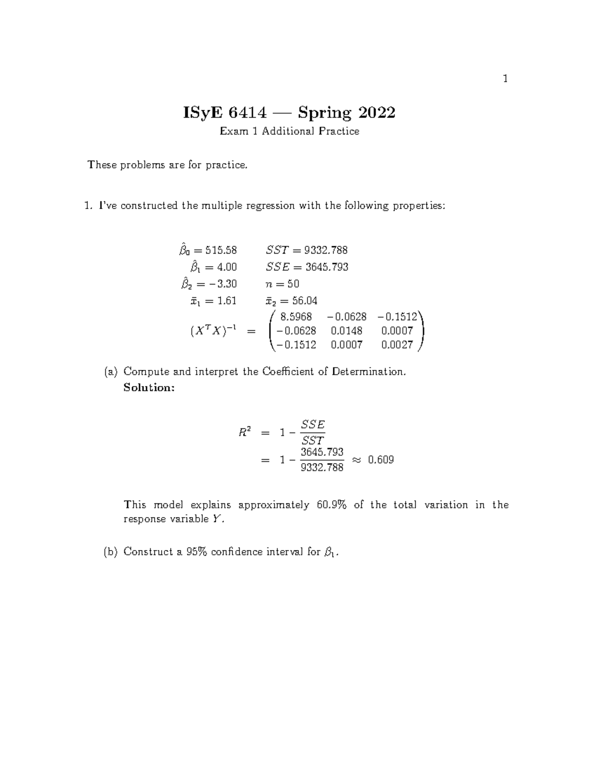 Exam 2 Additional Practice - Solutions - ISyE 6414 — Spring 2022 Exam 1 ...