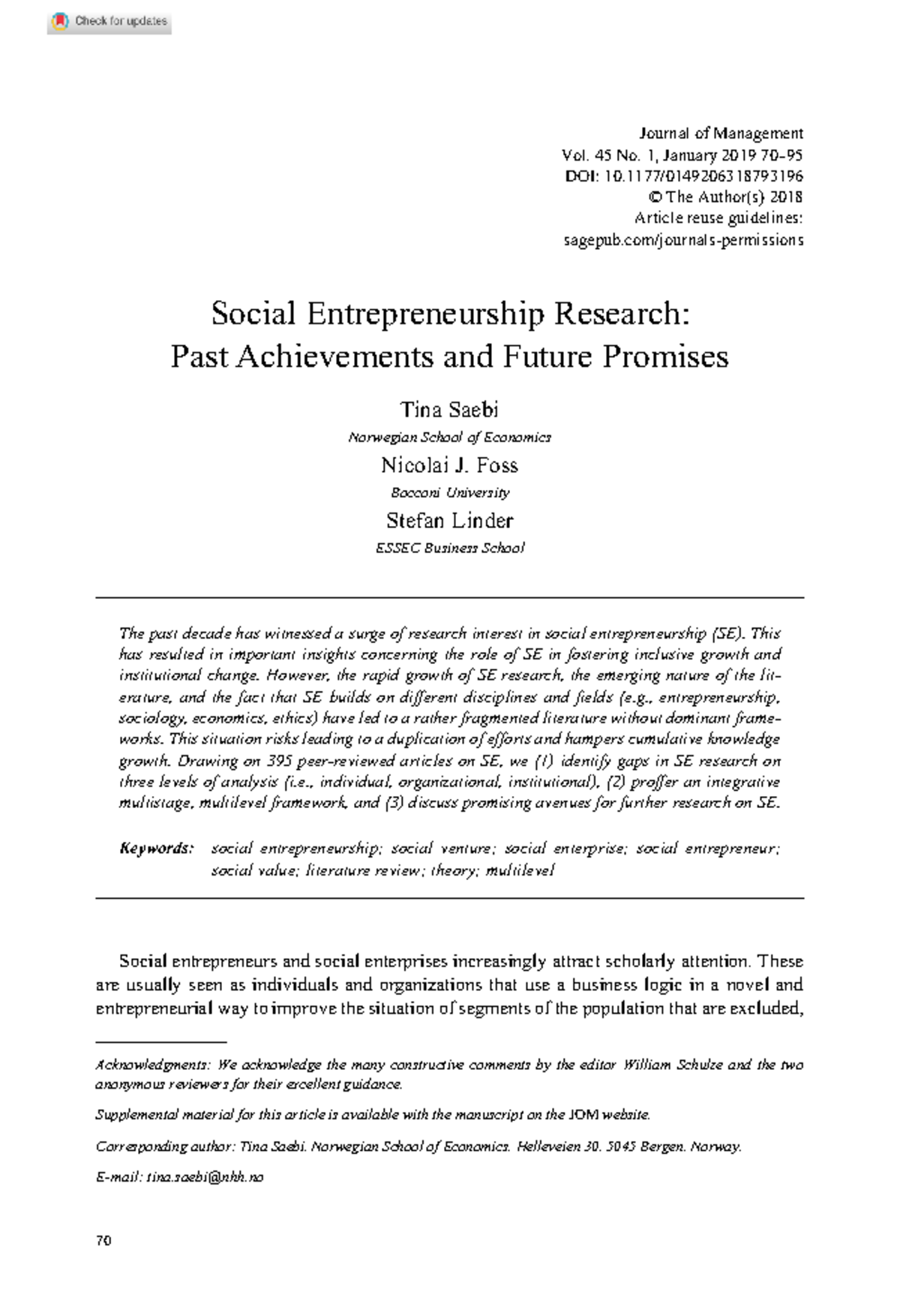 Journal review assessment - 70 doi/10.1177/ Journal of Management Vol ...