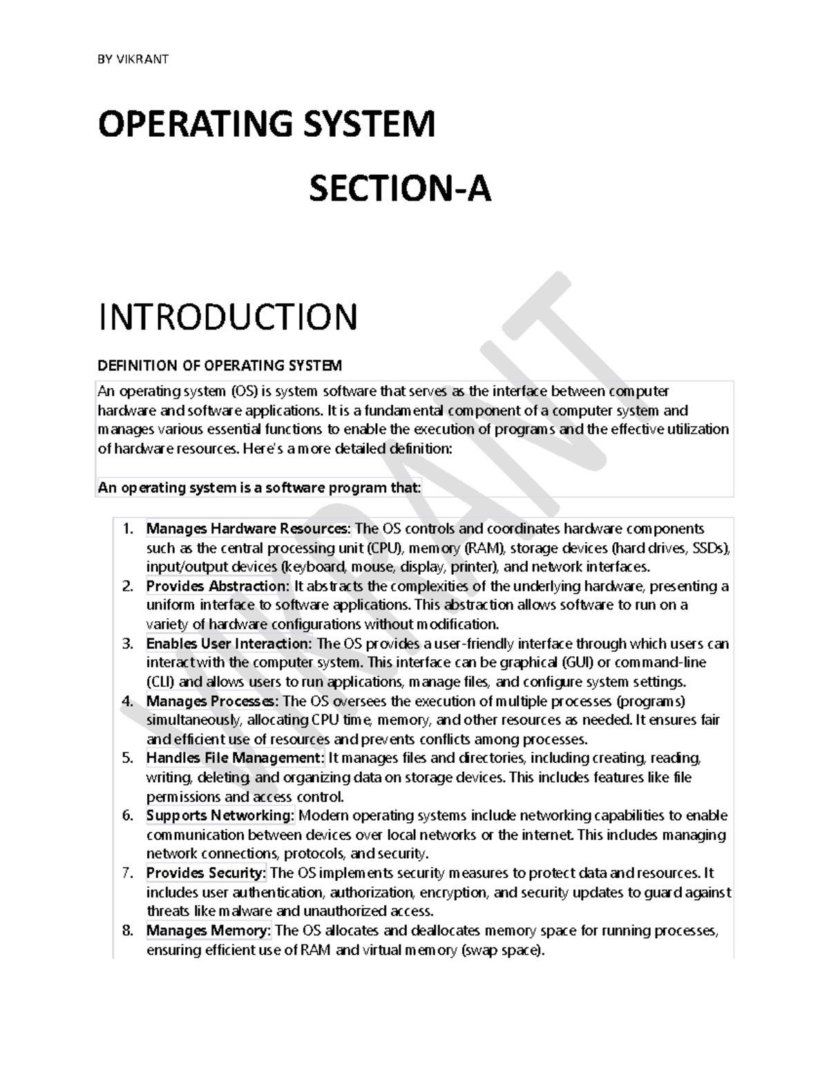 Operating System - OPERATING SYSTEM SECTION-A INTRODUCTION DEFINITION ...