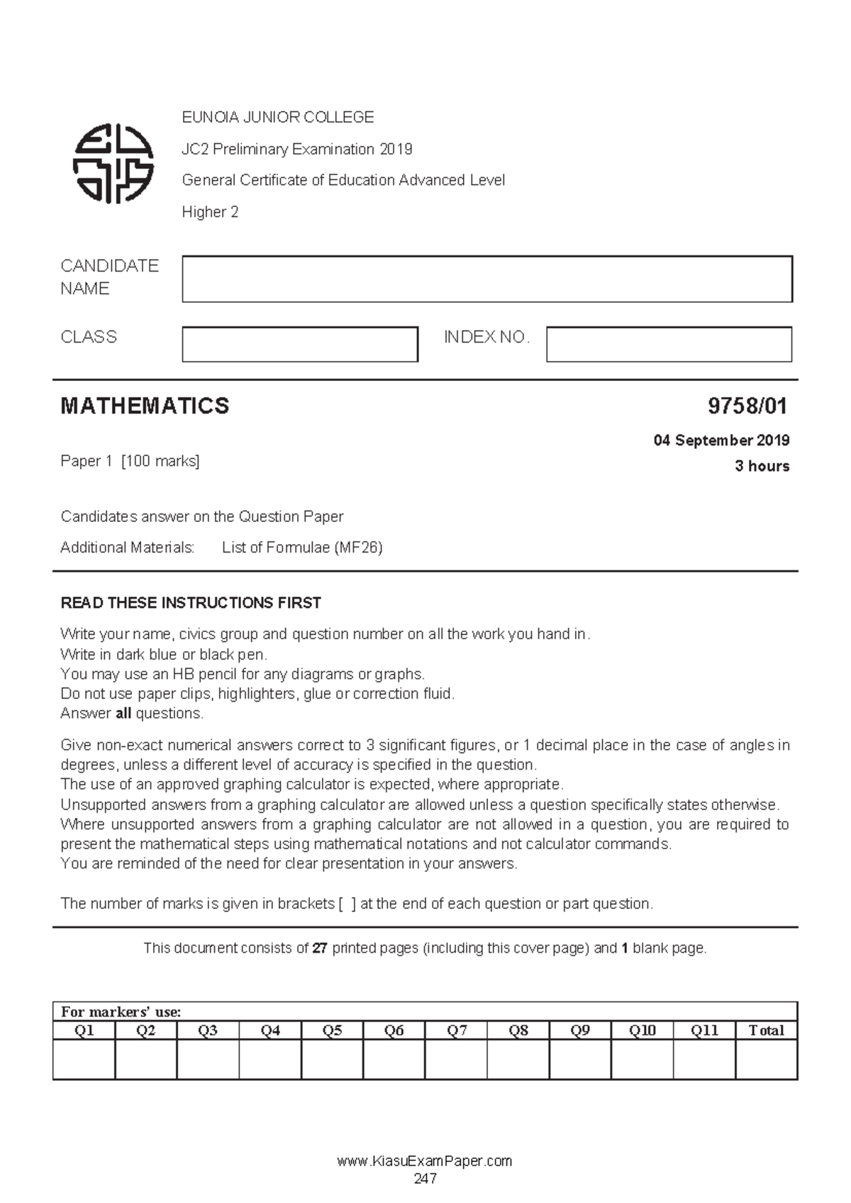 2019 J2 EJC H2 Math Prelim (with ans) - EUNOIA JUNIOR COLLEGE JC2 ...