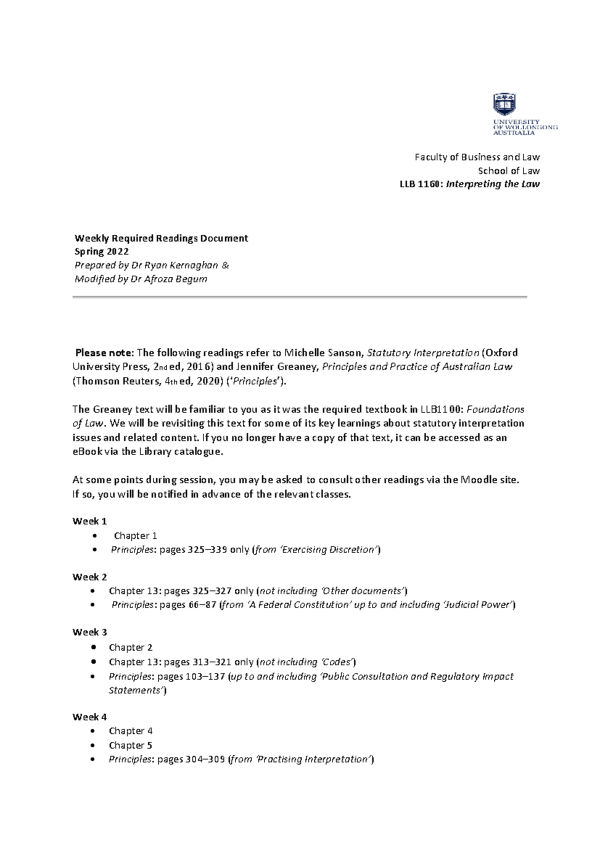 Weekly Readings Document 2022 PDF - Faculty of Business and Law School of Law LLB 1160 ...