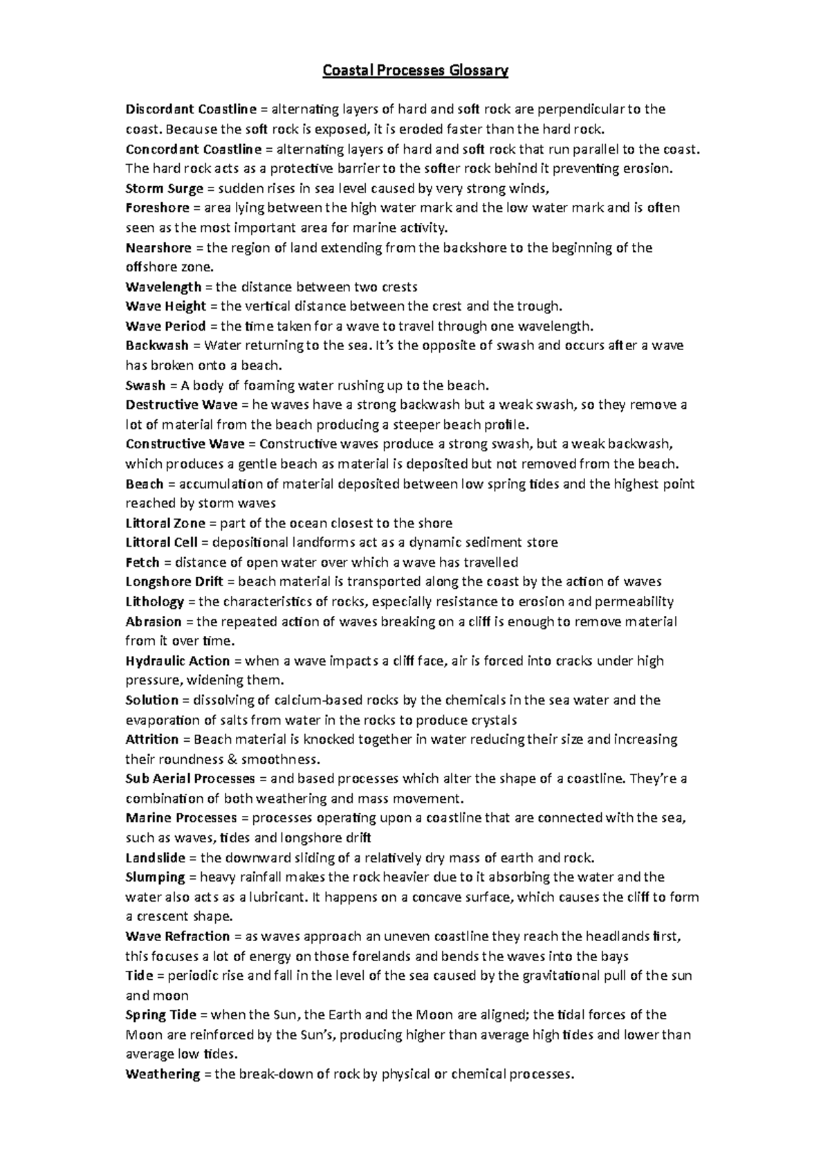 Coastal Processes Glossary - Coastal Processes Glossary Discordant ...