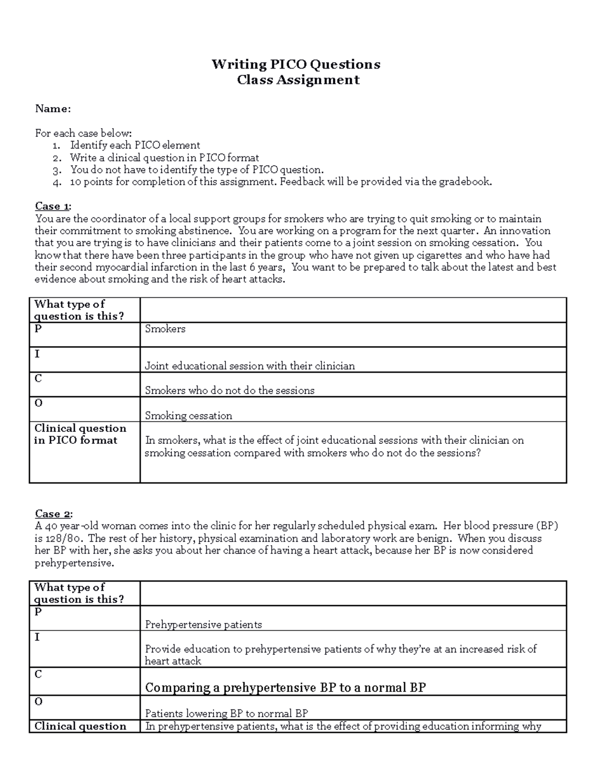 N503 Writing Pico Questions Class Assignment Writing Pico Questions