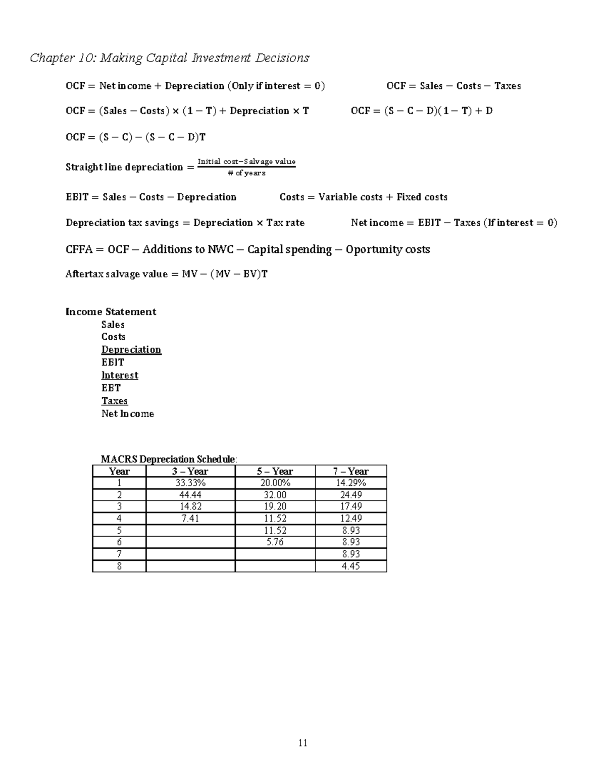 Formulas Chapter 10 - Exam prep - 11 Chapter 10: Making Capital ...