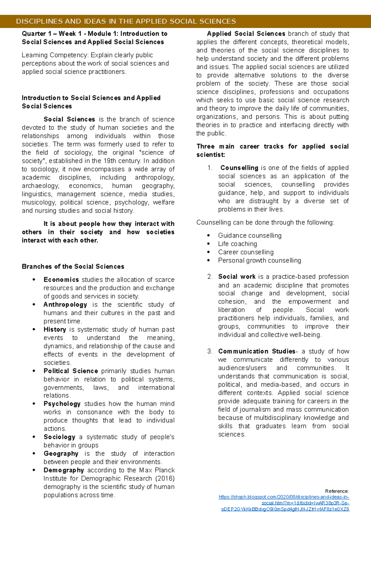 Module 1 Introduction To Social Sciences And Applied Social Sciences Quarter 1 Week 1