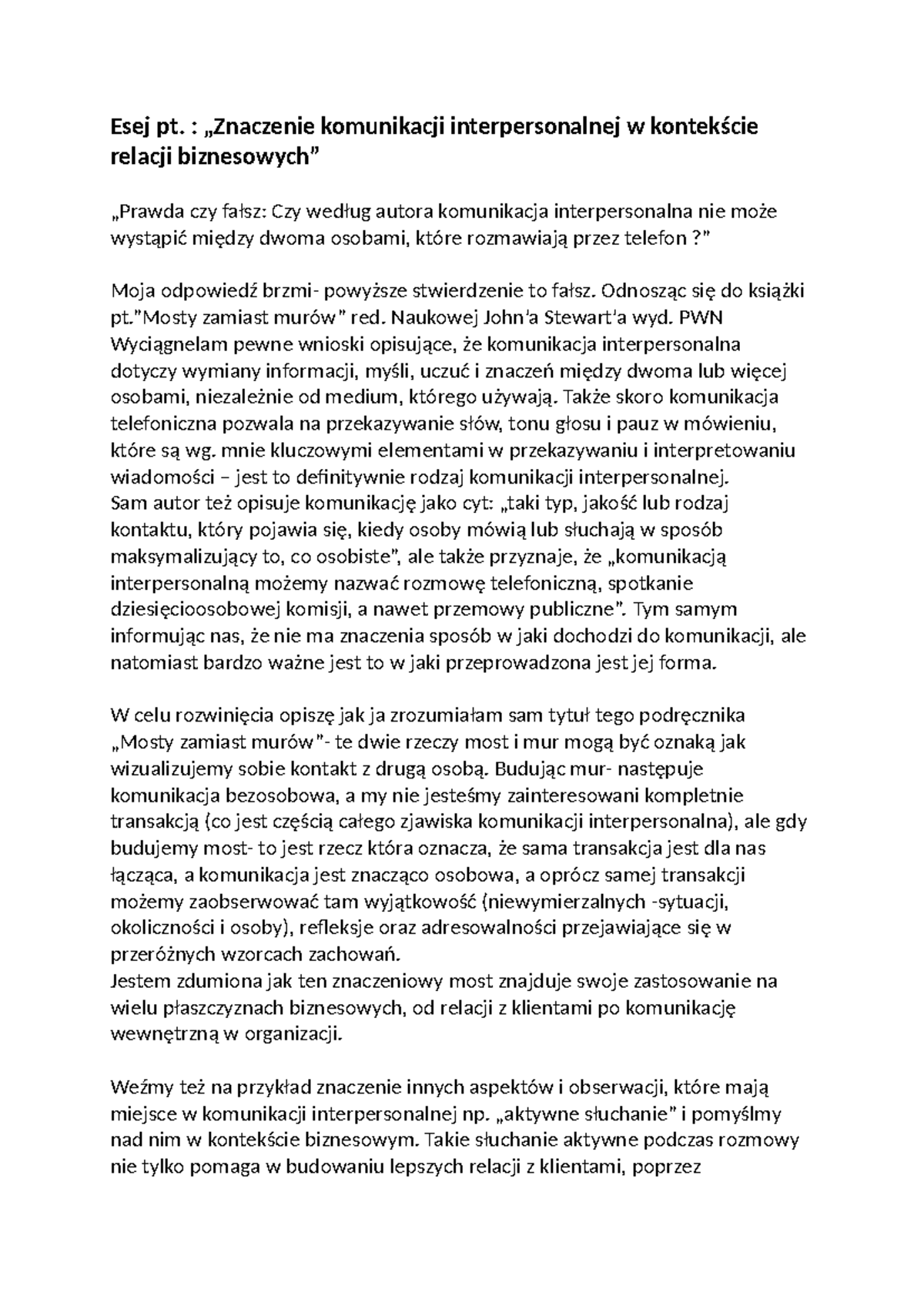 Esej Komunikacja Interpersonalna - Esej pt. : „Znaczenie komunikacji interpersonalnej w ...
