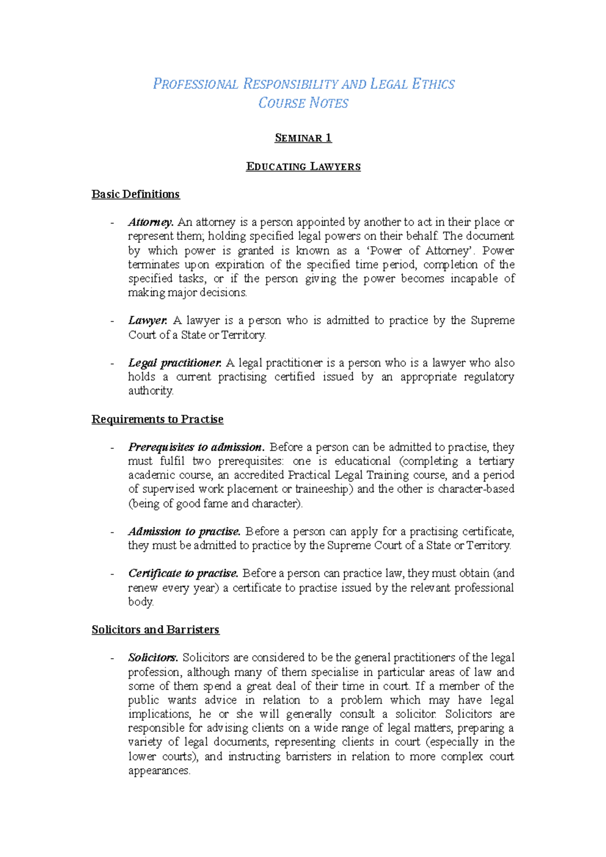 Professional Responsibility and Legal Ethics - Course Notes ...