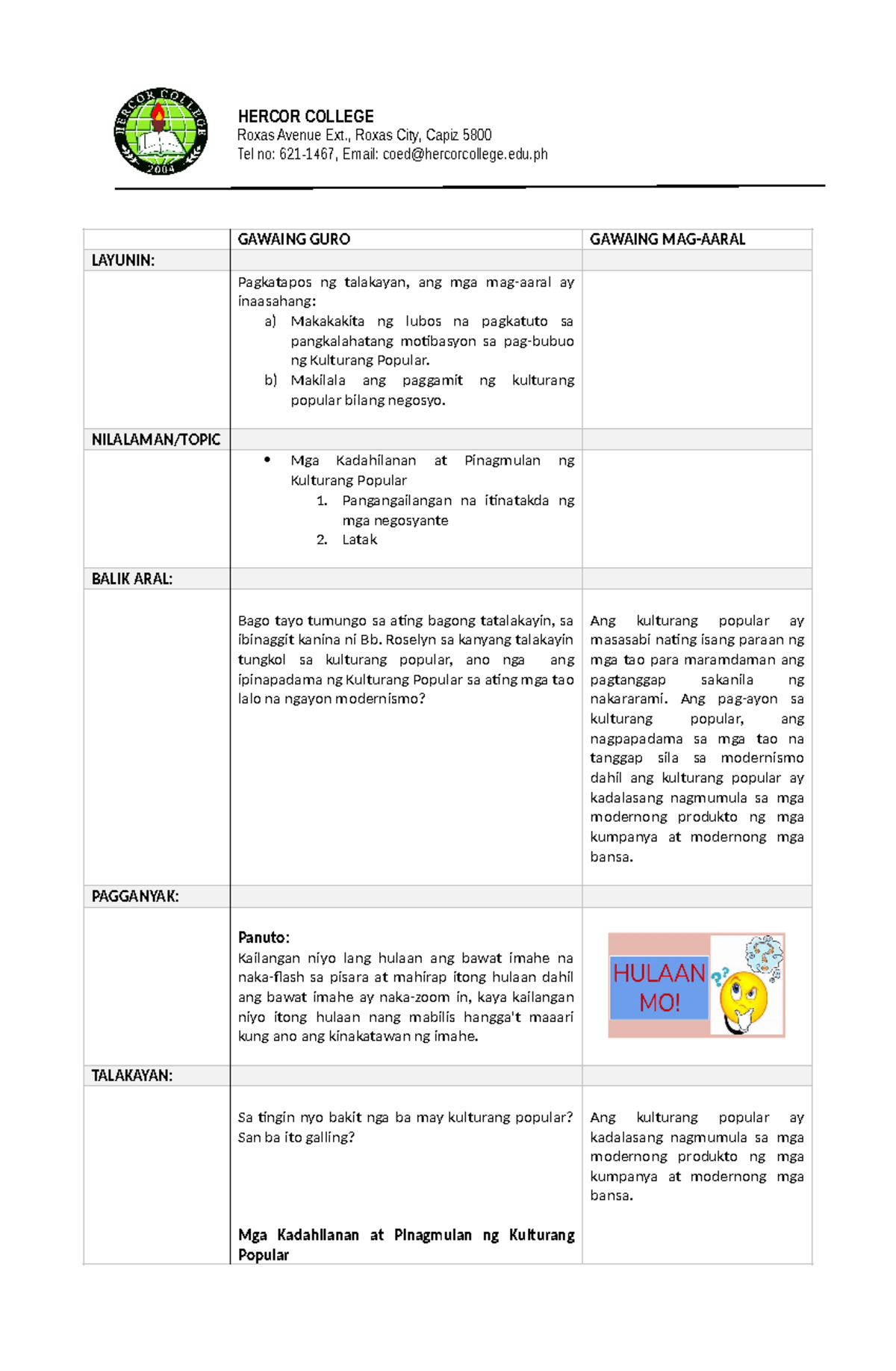 Lesson Plan - Kulturang Popular Shiela F - HERCOR COLLEGE Roxas Avenue ...