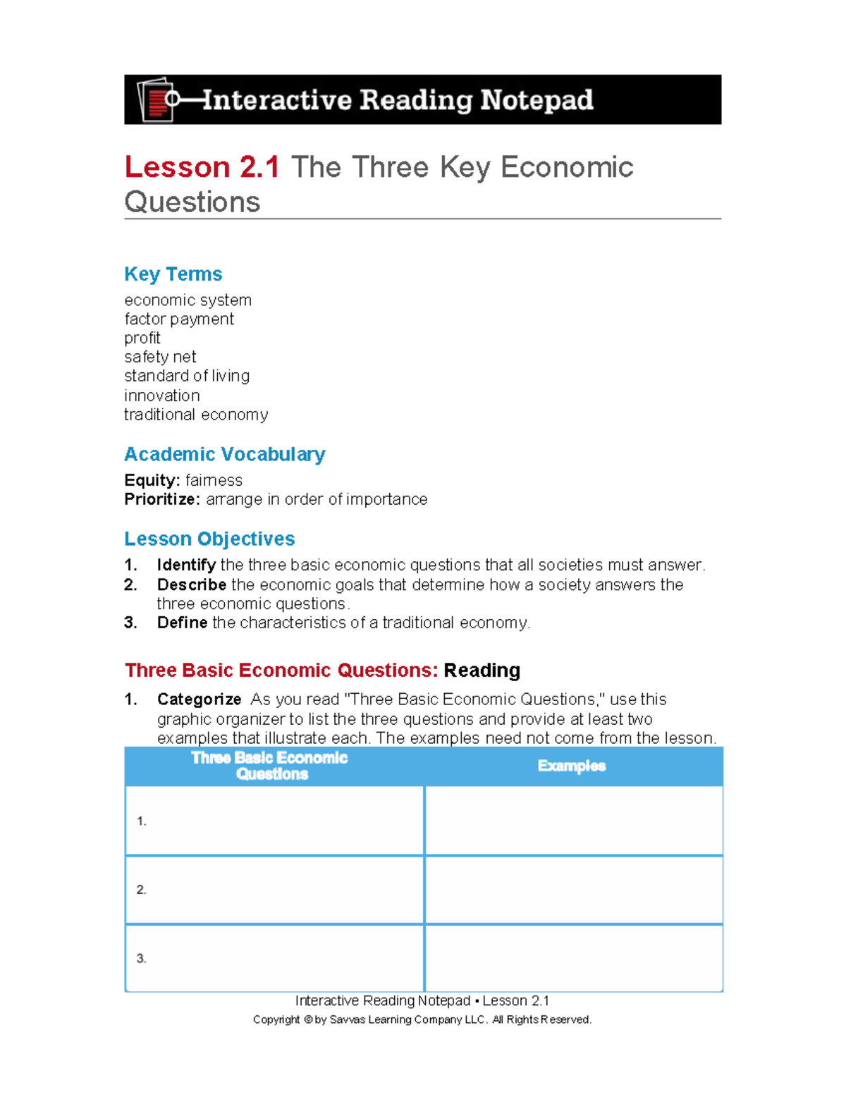 Ngss econ t02 l01 Close Read Notepad - Lesson 2 The Three Key Economic ...