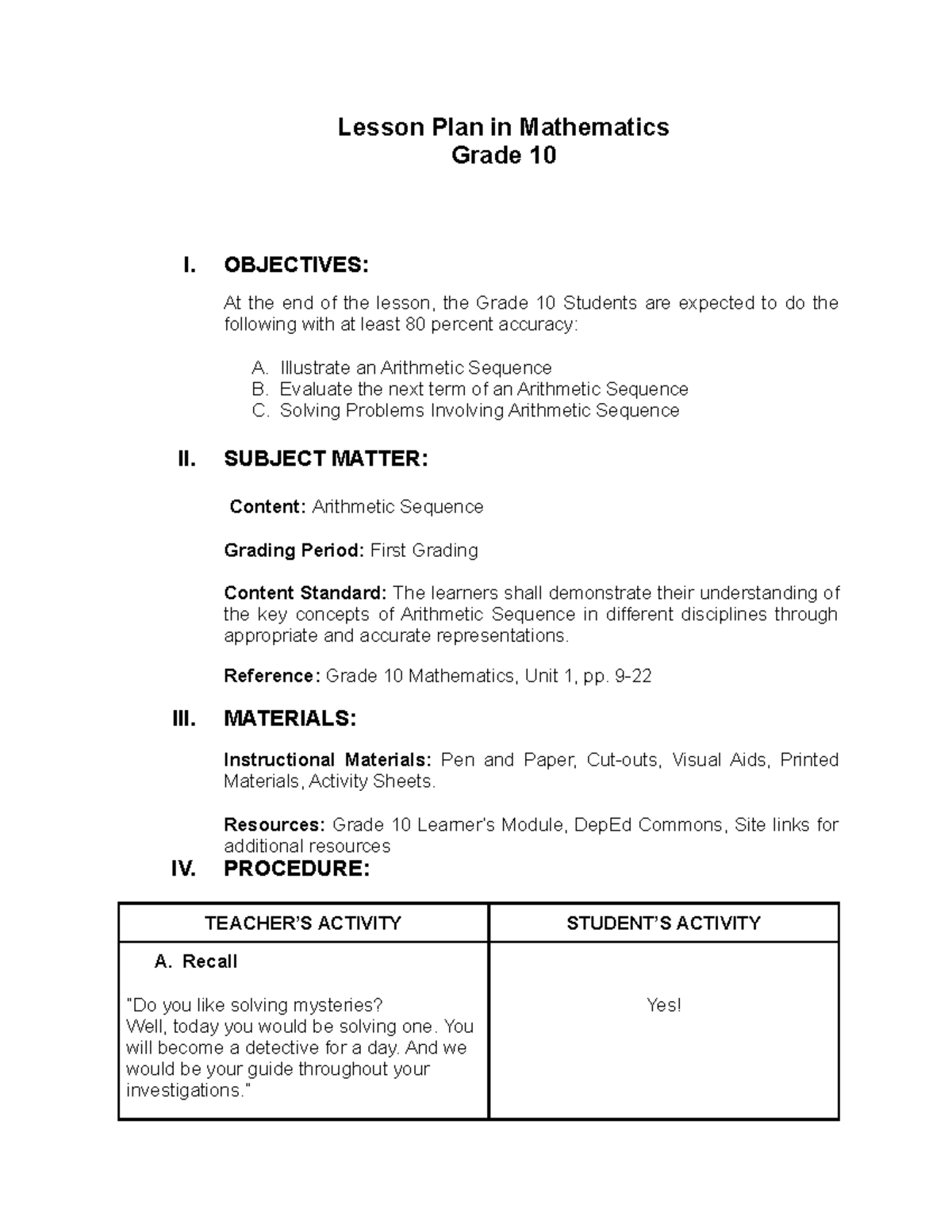 Lesson Plan In Mathematics Lesson Plan In Mathematics Grade 10 I