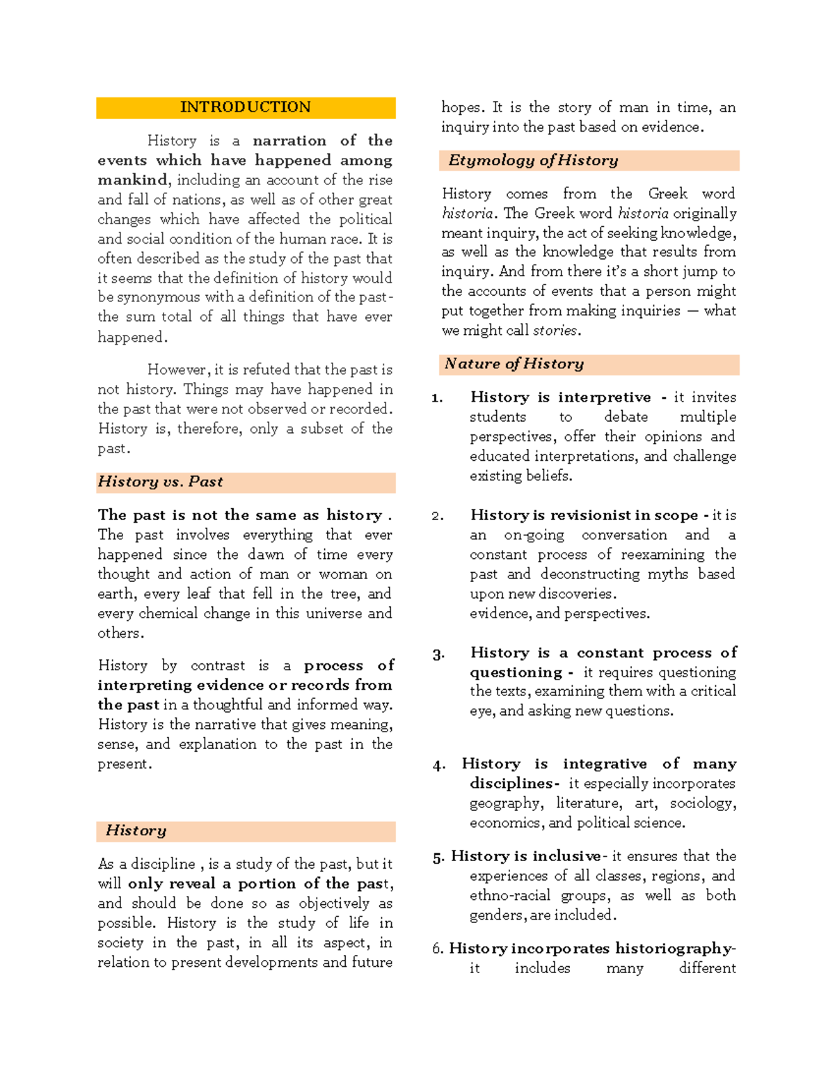 Definition of History - notes - INTRODUCTION History is a narration of ...