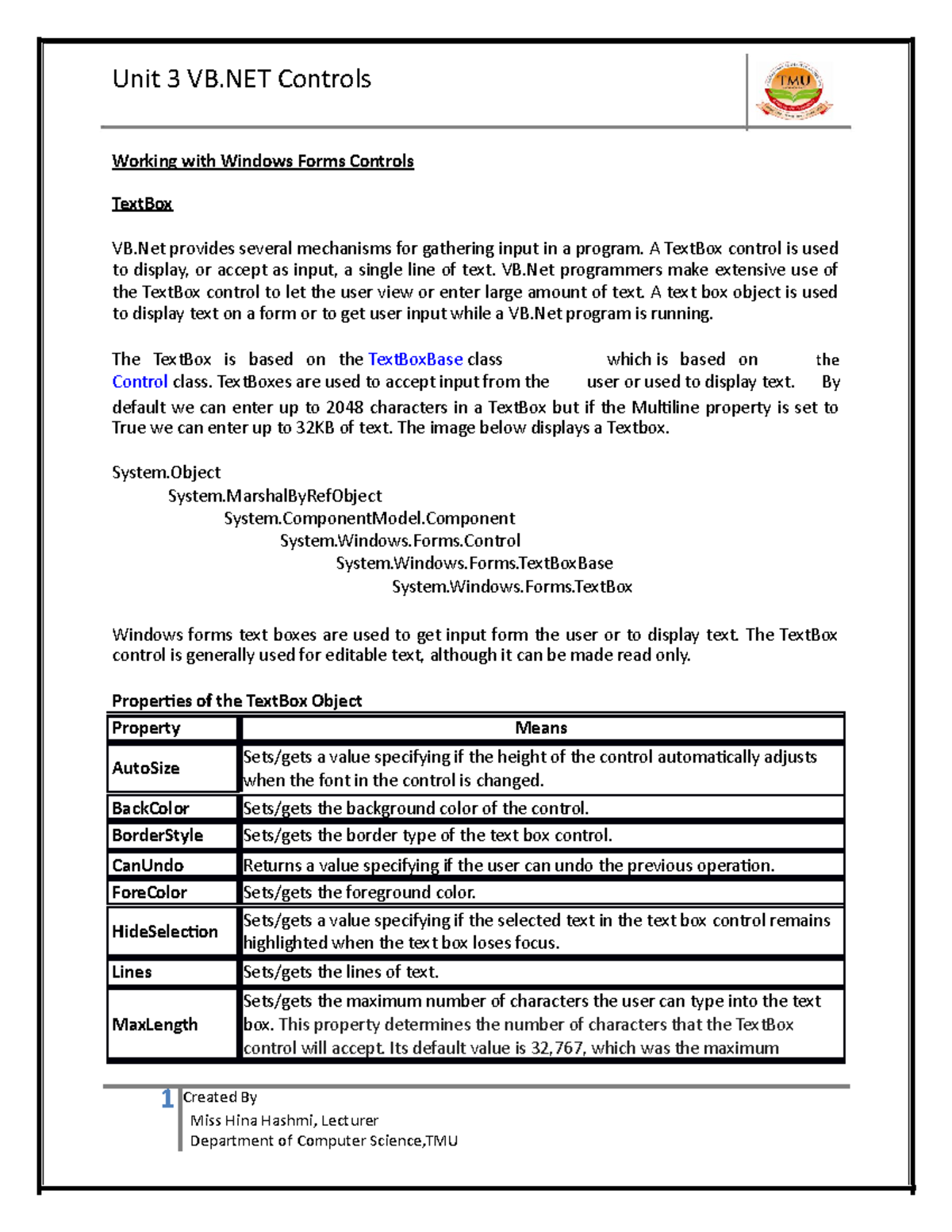 VBeegrgrccrgrgrg - Unit 3 VB Controls Working with Windows Forms Controls TextBox VB provides ...
