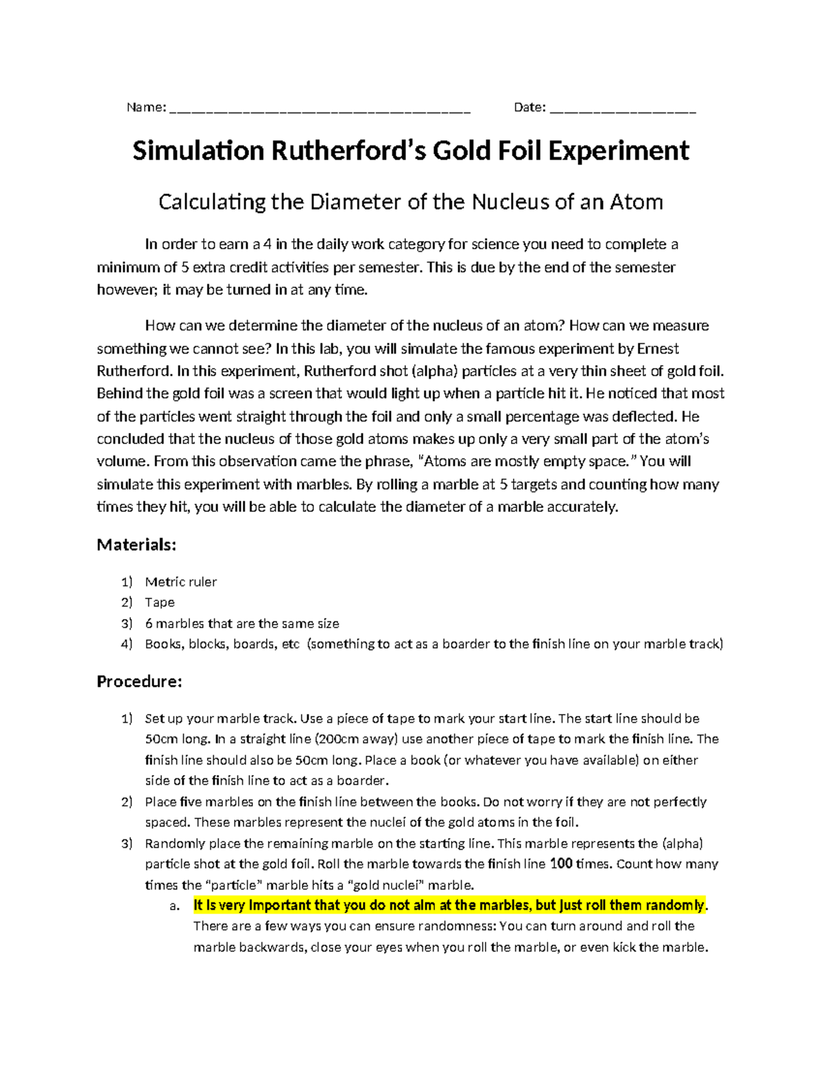Rutherfords Gold Foil Experiment - Name ...