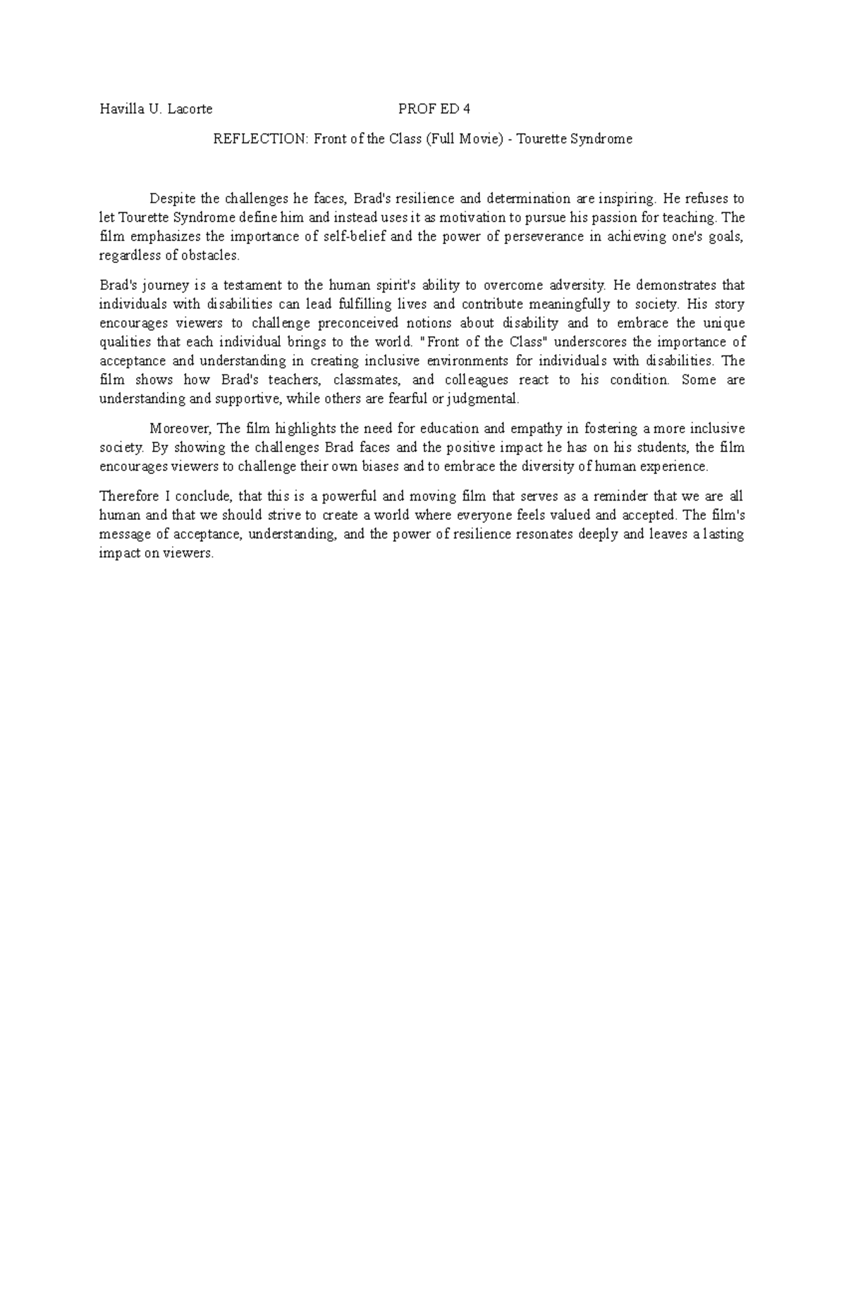 Reflection Front OF THE Class - Havilla U. Lacorte PROF ED 4 REFLECTION: Front of the Class ...