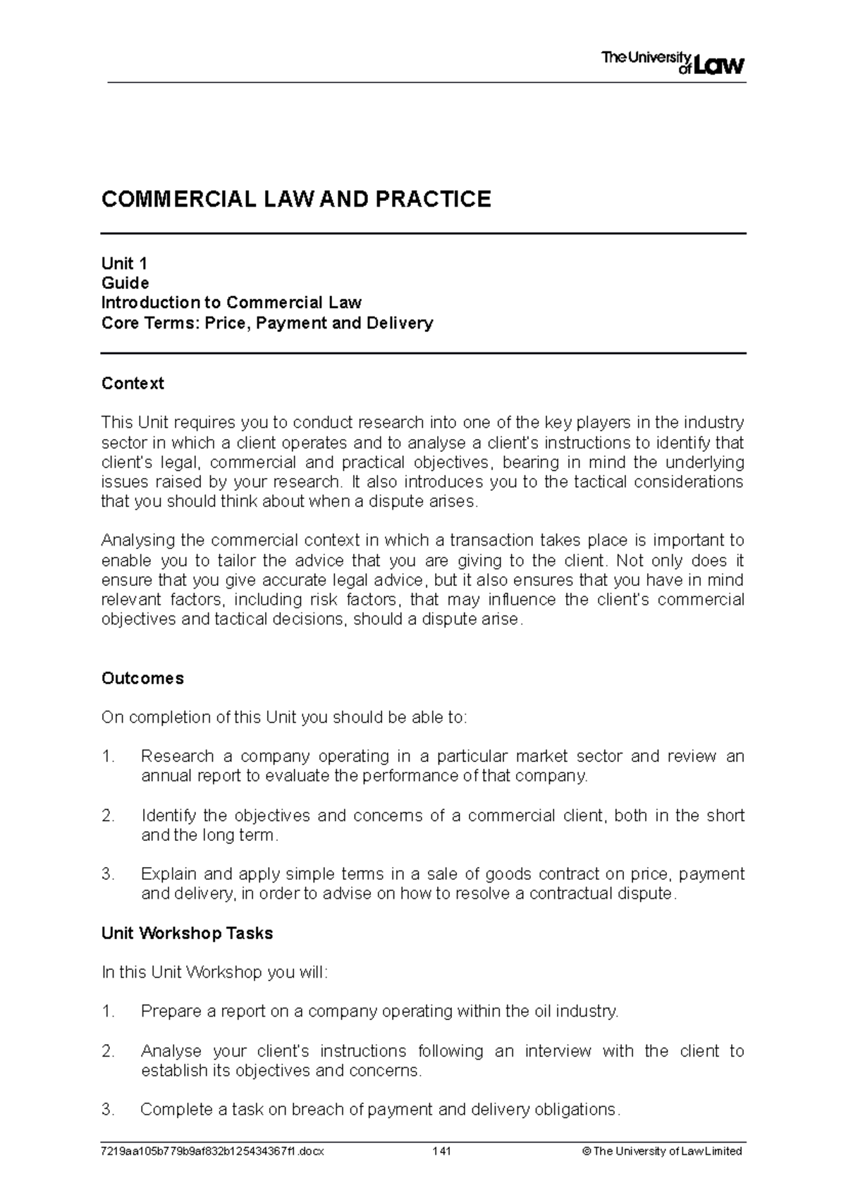 CLP - WS1 - WSGuide - WS1 WS Guide - COMMERCIAL LAW AND PRACTICE Unit 1 ...