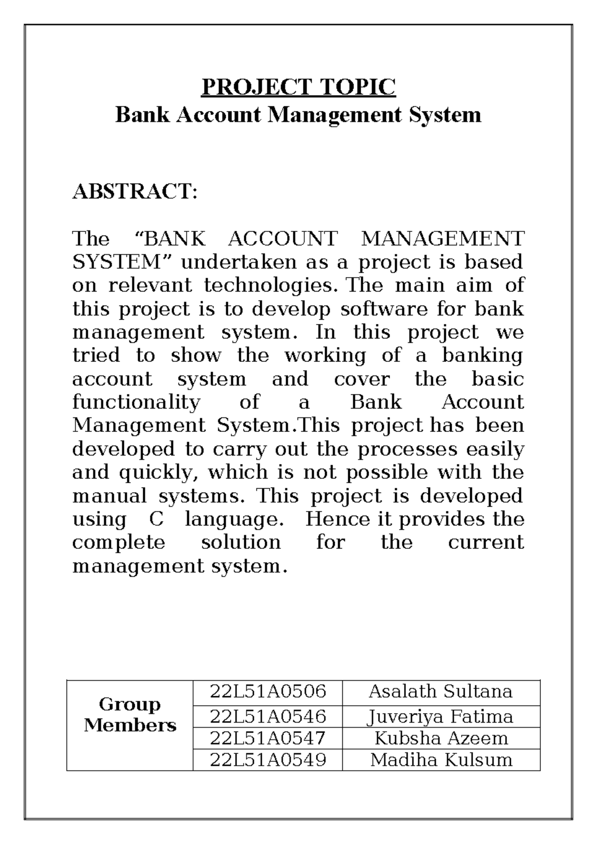 RTRP Abstract - PROJECT TOPIC Bank Account Management System ABSTRACT ...