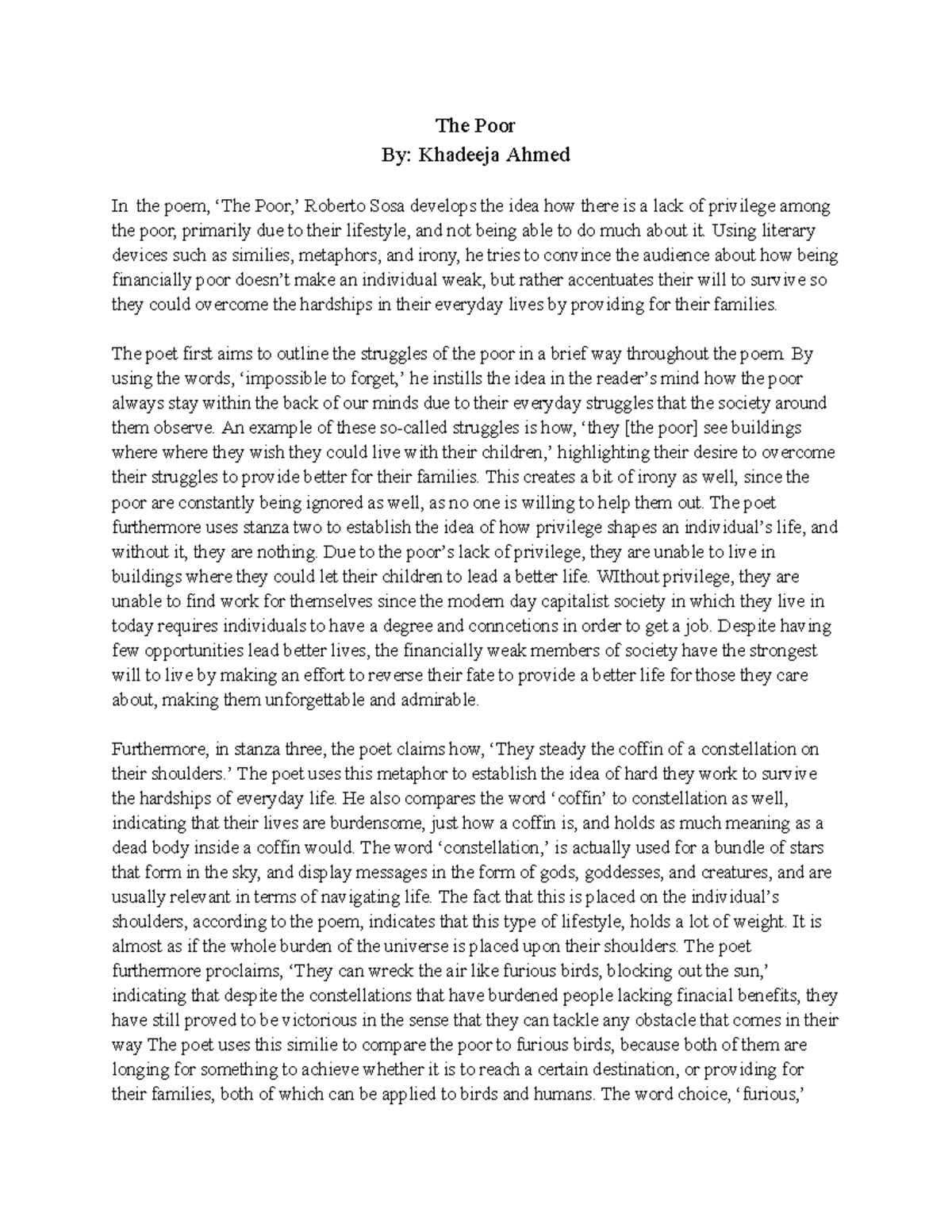 The Poor Poetry Essay - The Poor By: Khadeeja Ahmed In the poem, ‘The ...