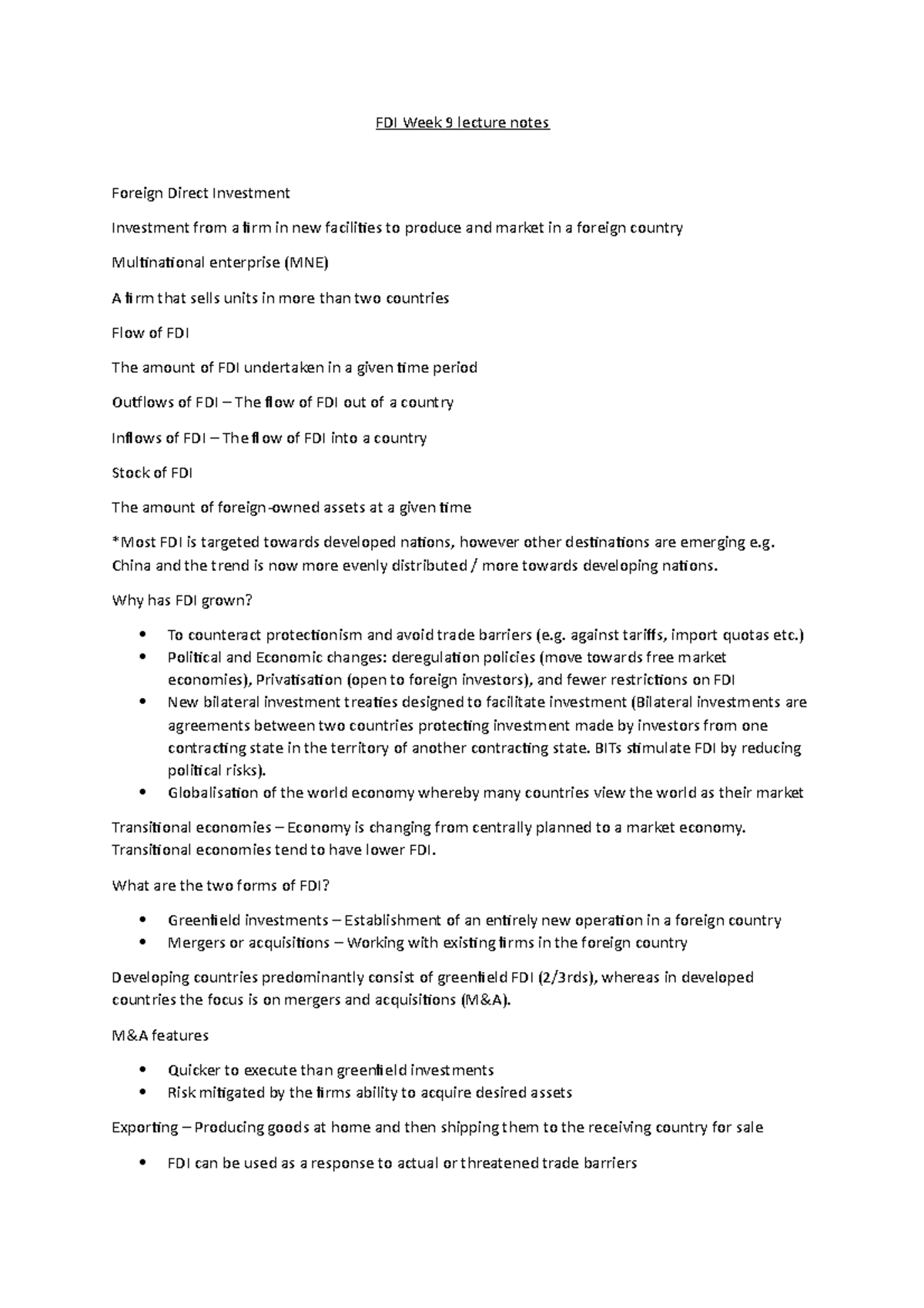 FDI Week 9 lecture notes - FDI Week 9 lecture notes Foreign Direct ...