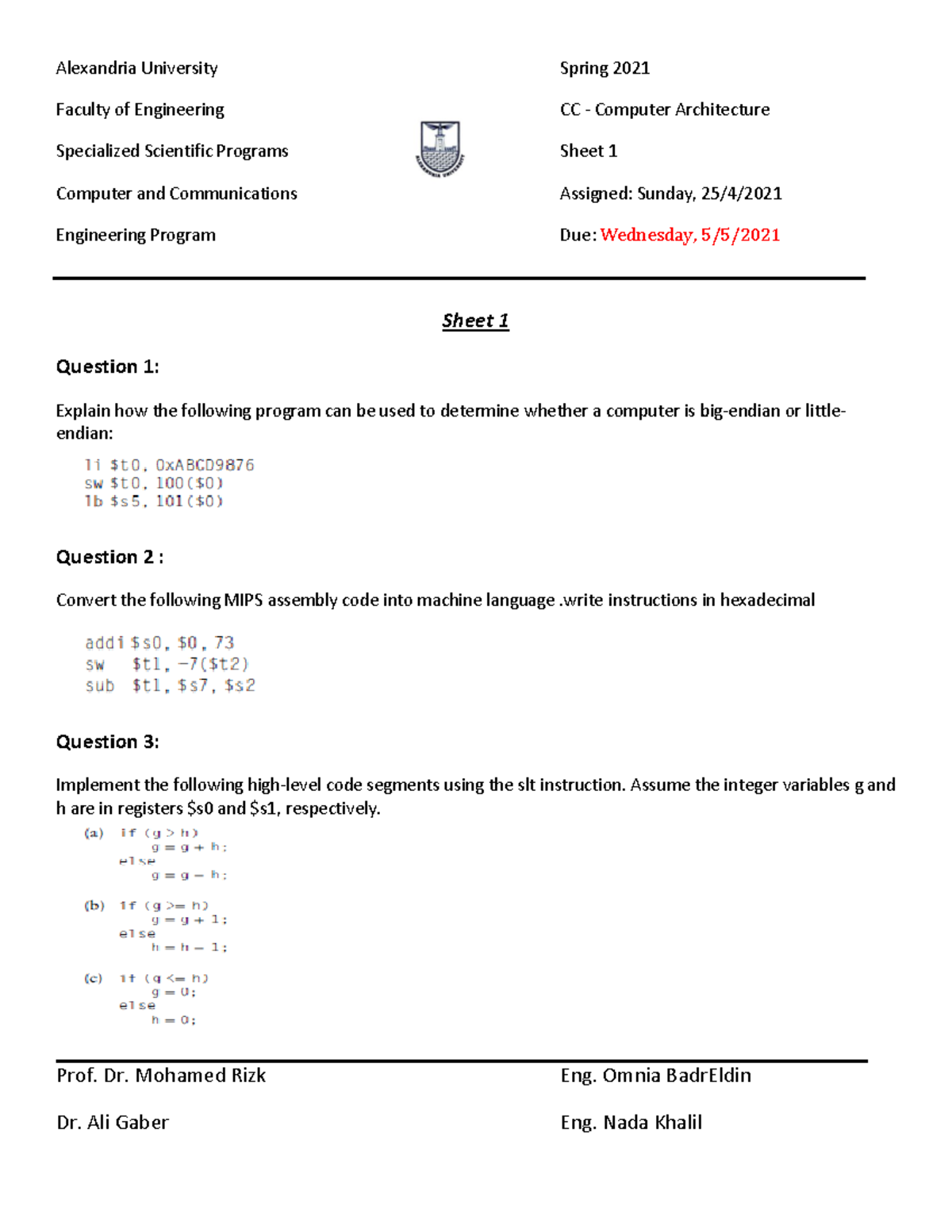 Sheet 1 MIPS - Faculty of Engineering CC - Computer Architecture Specialized Scientific Programs ...