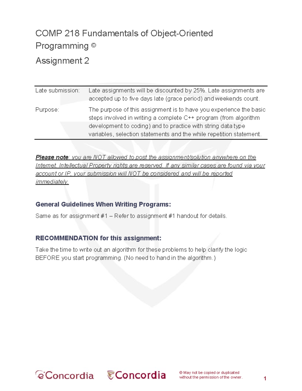 answers- Assignment 2 - © May not be copied or duplicated without the permission of the owner ...