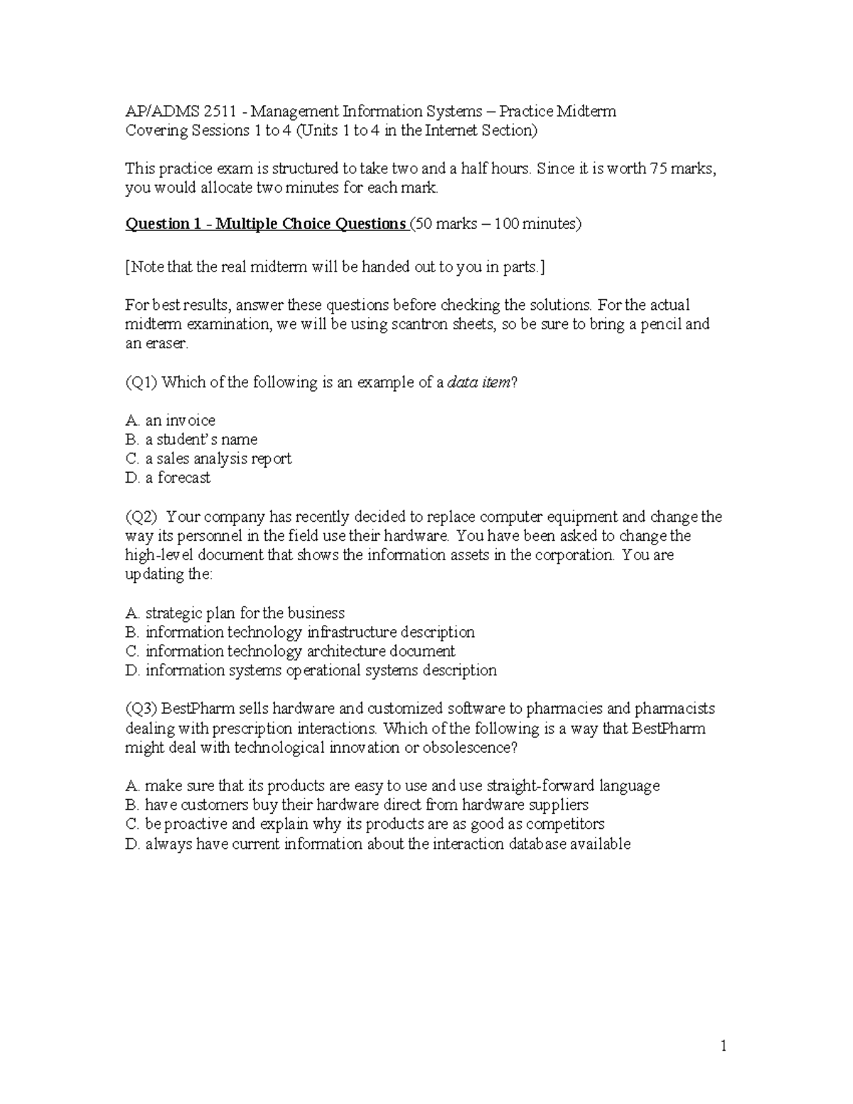 2511 Practice Midterm 1 - AP/ADMS 2511 - Management Information Systems ...