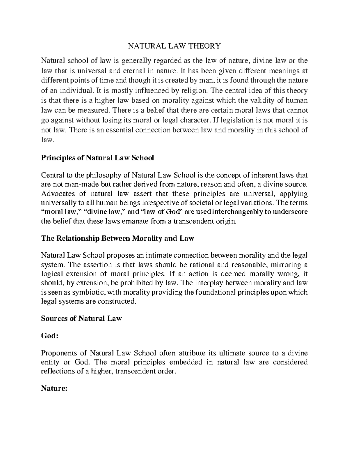 Natural law - NONE - NATURAL LAW THEORY Natural school of law is ...