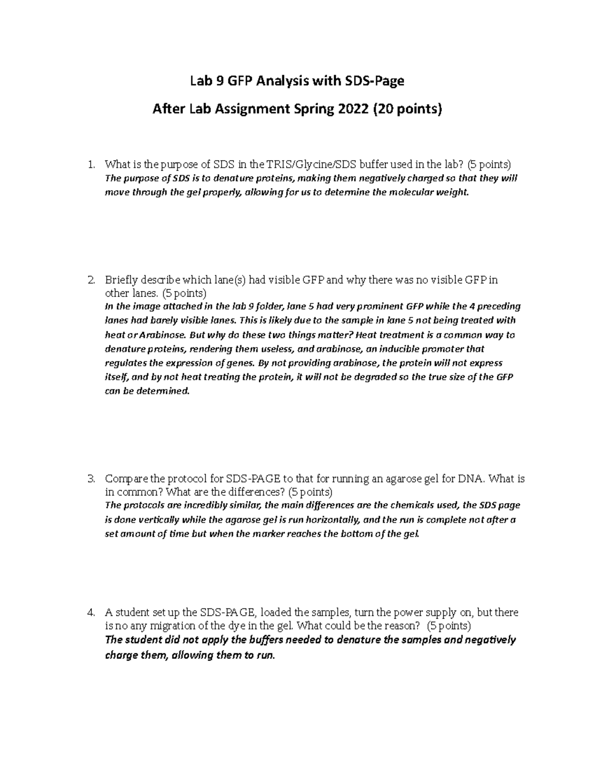 2022S After-lab 9 assignment - Lab 9 GFP Analysis with SDS-Page After Lab Assignment Spring 2022 ...