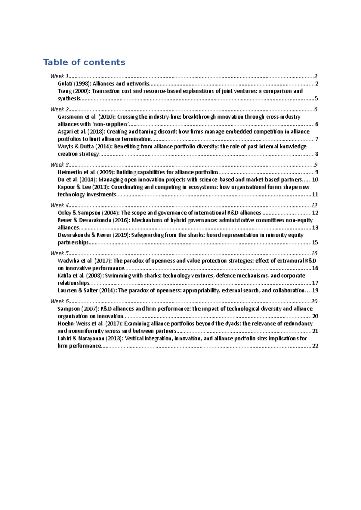 Summary papers (22/23) - Table of contents Week - Studeersnel